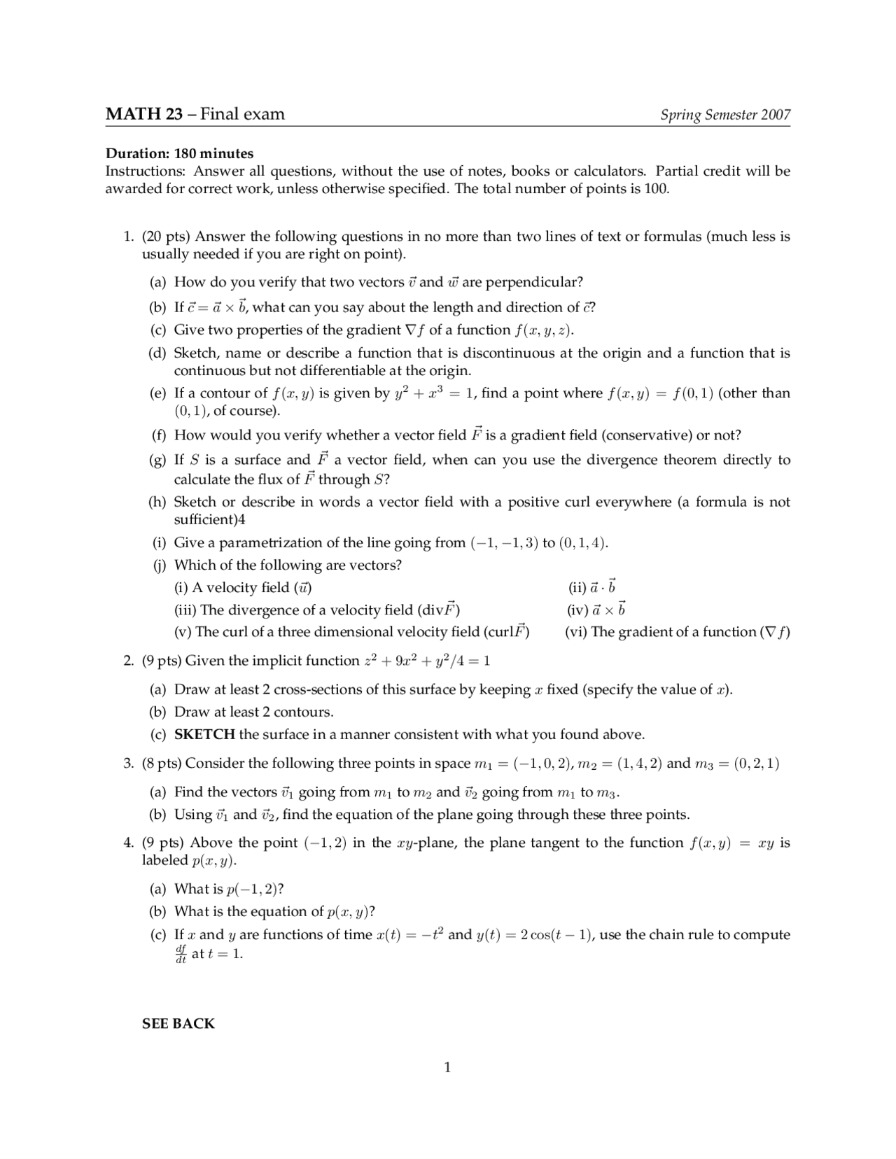 Two Vectors Vector Calculus Exam Docsity