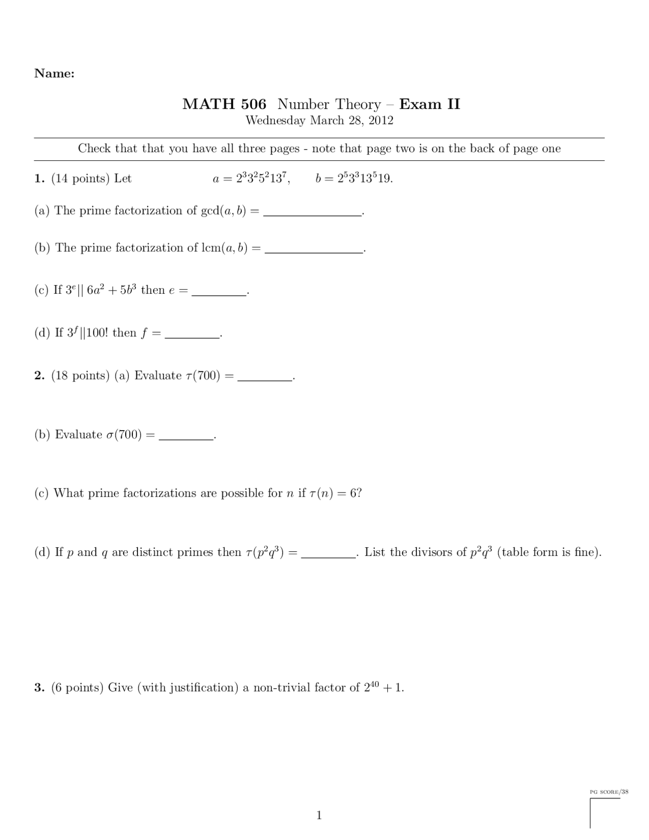 Factorization Number Theory Exam Docsity