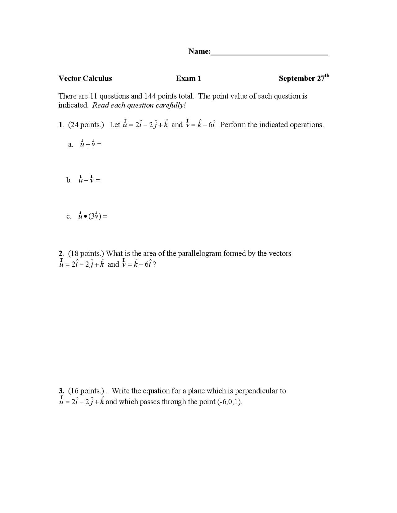 Indicated Operations - Vector Calculus - Exam - Docsity