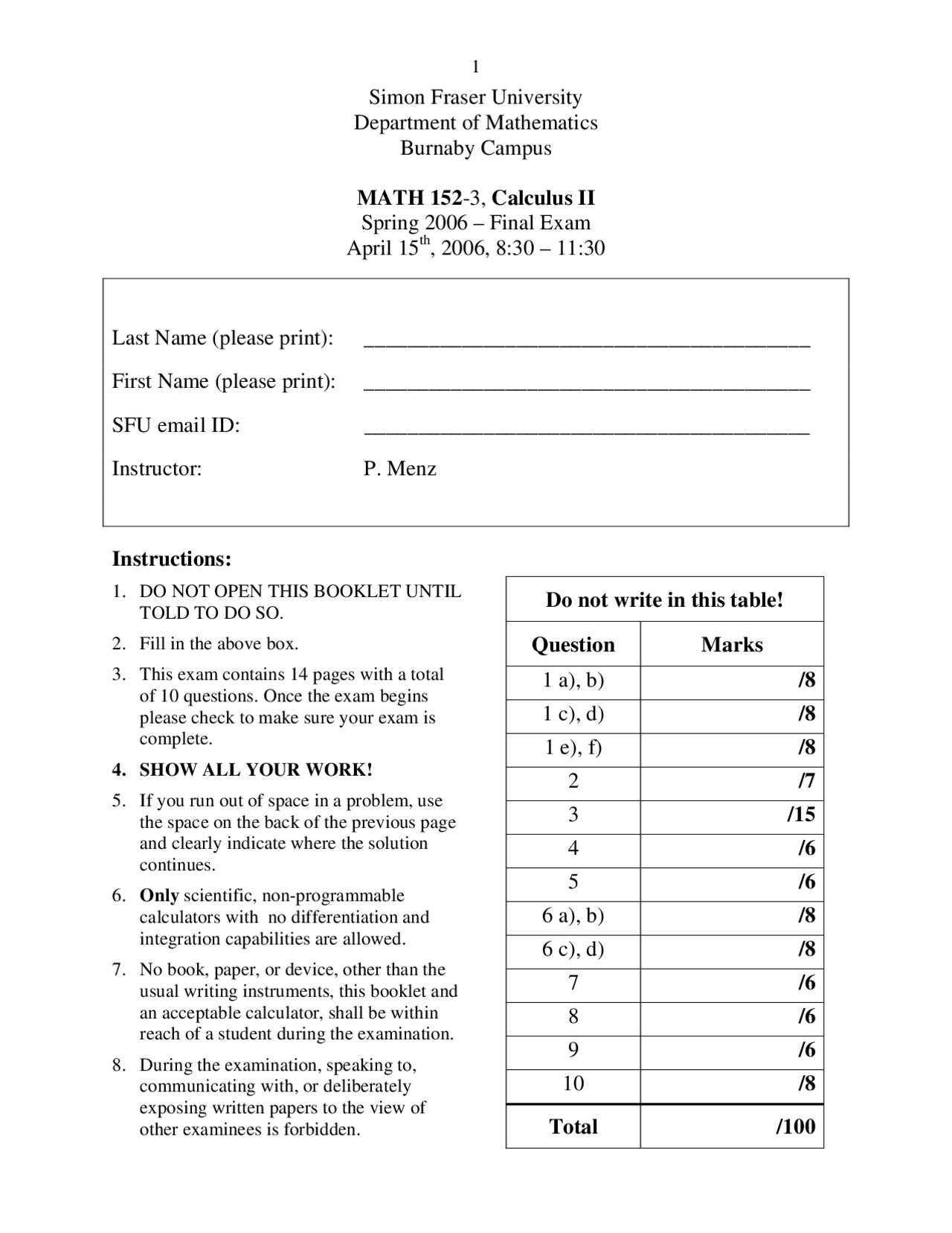 Possible Calculus Exam Docsity
