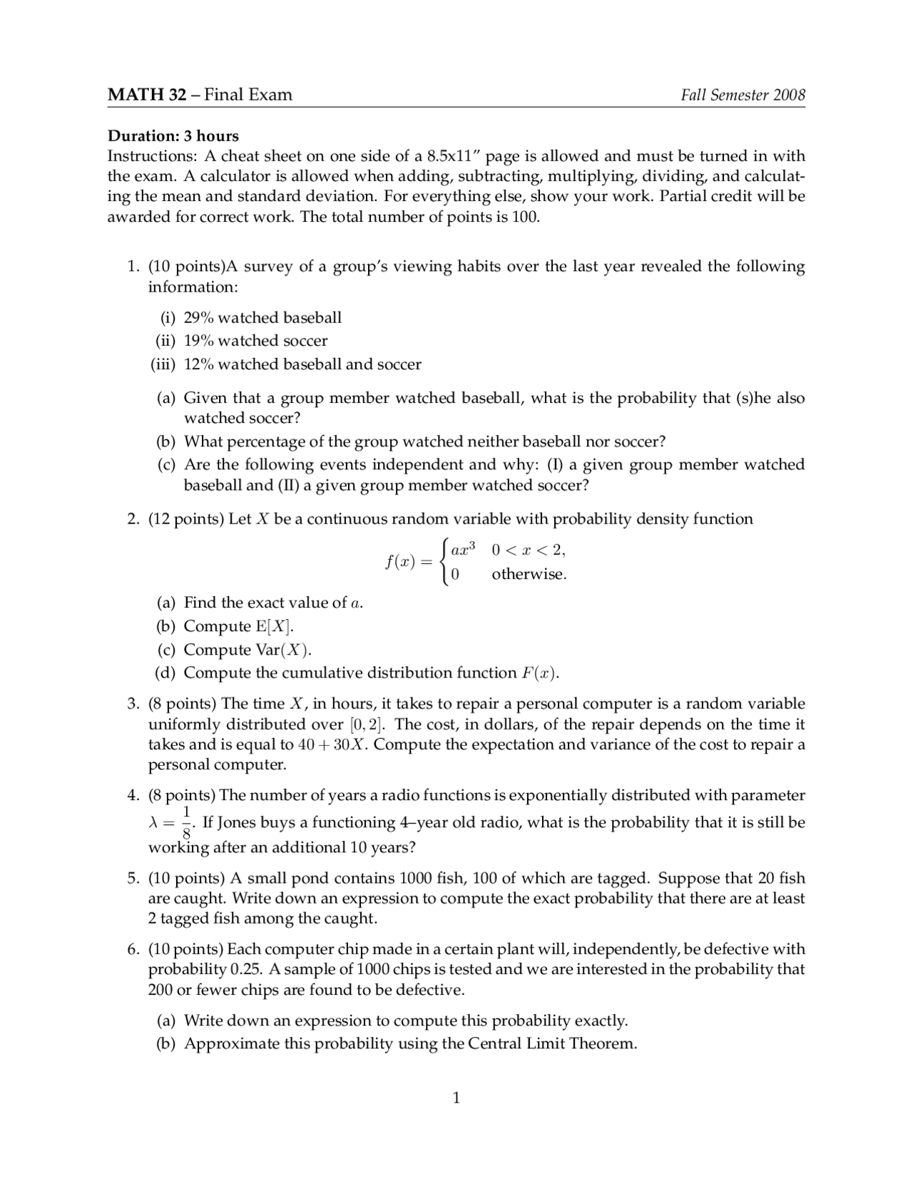 Continuous Random Variable - Probability and Statistics - Exam - Docsity