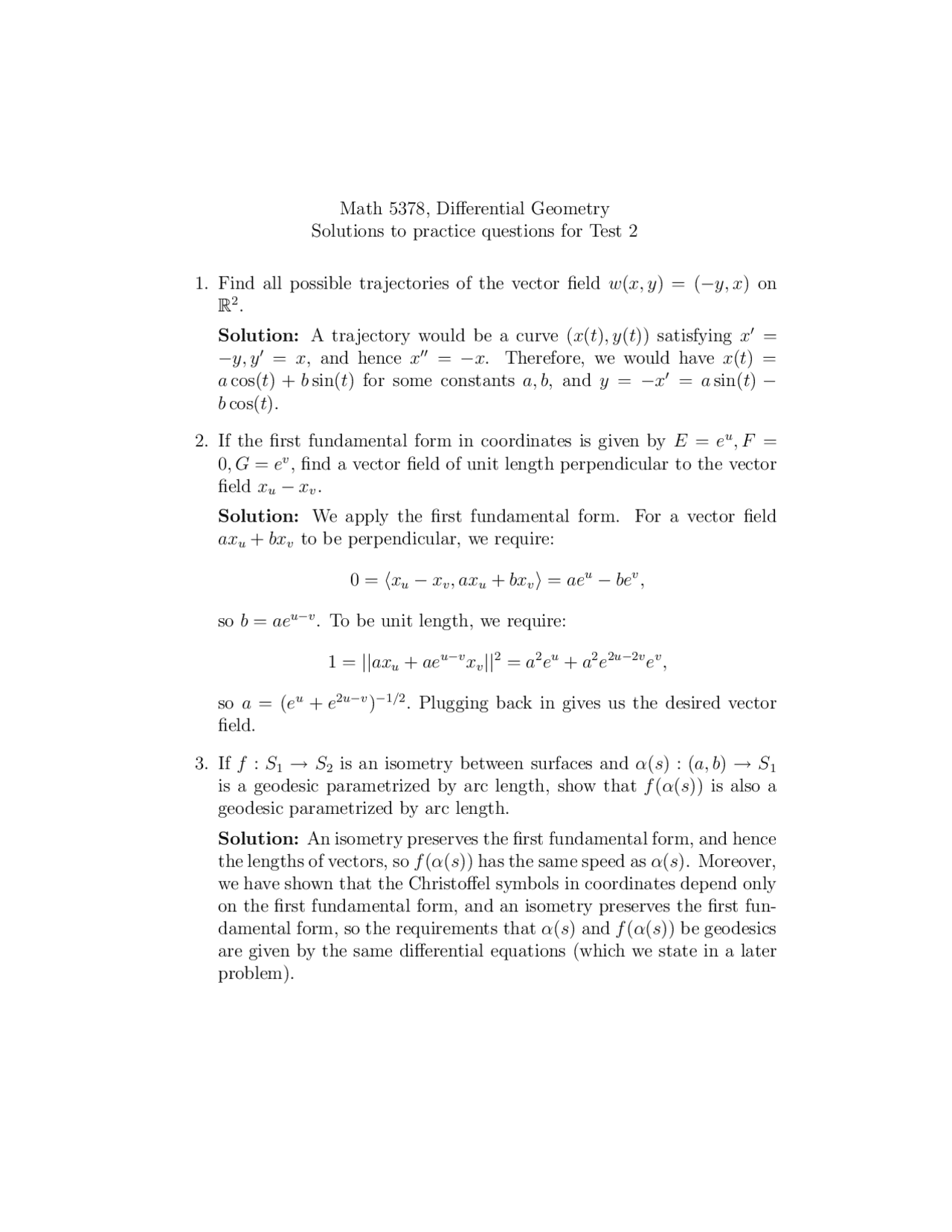 Possible Trajectories Differential Geometry Solved Exam Docsity