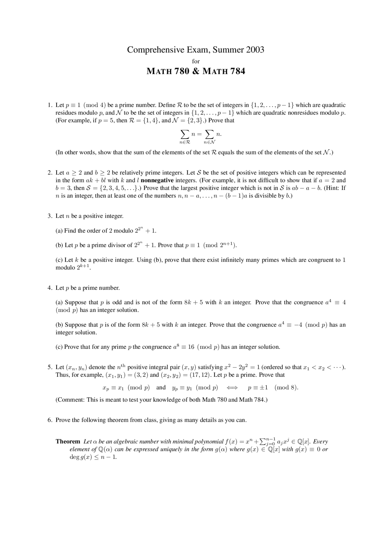 Residues Modulo Number Theory Exam Docsity