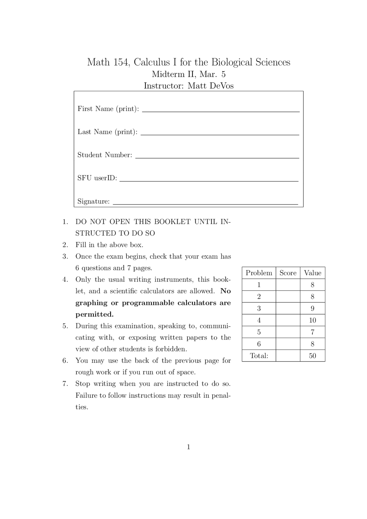 Differentiable Calculus For The Biological Sciences Exam Docsity