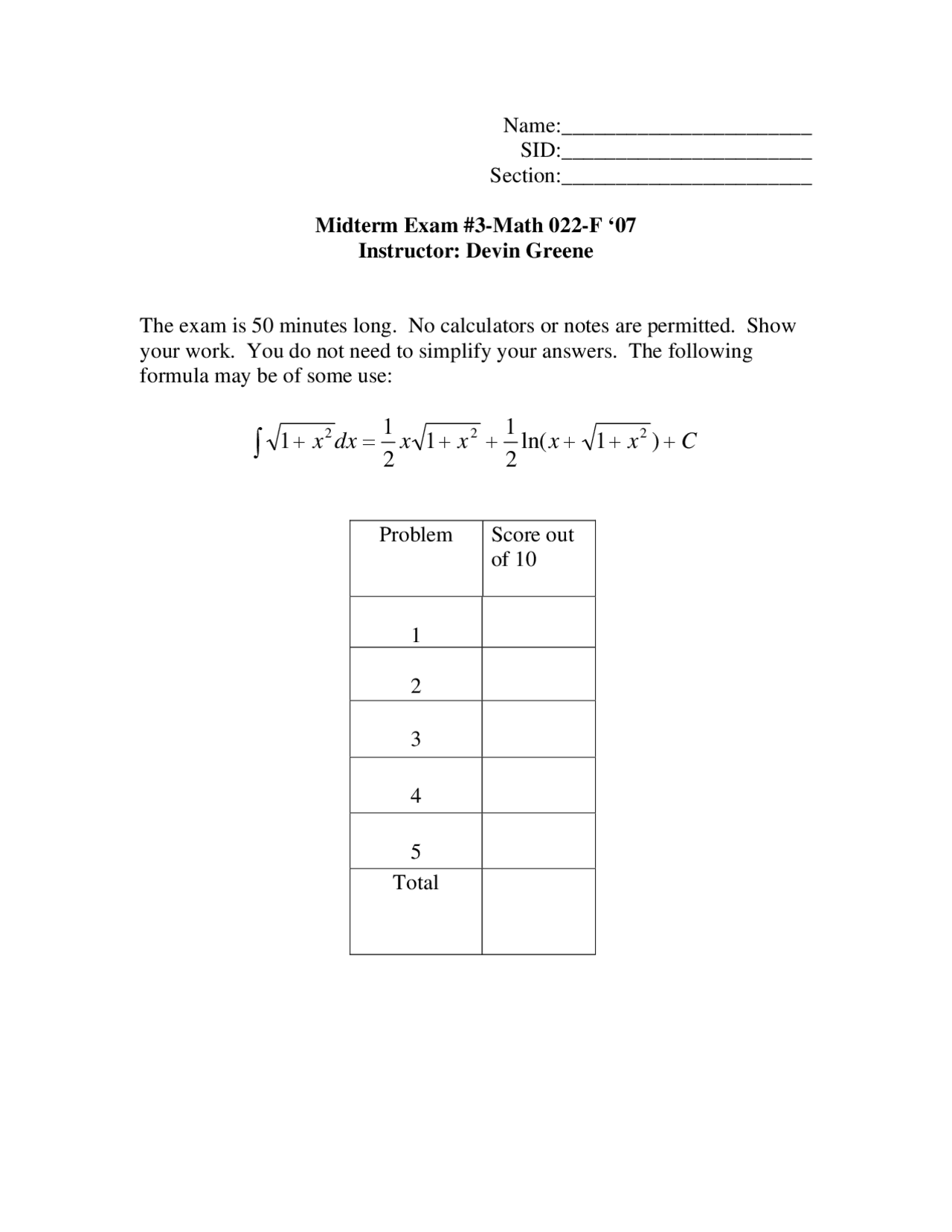 Formula Calculus Of A Single Variable Two Exam Docsity