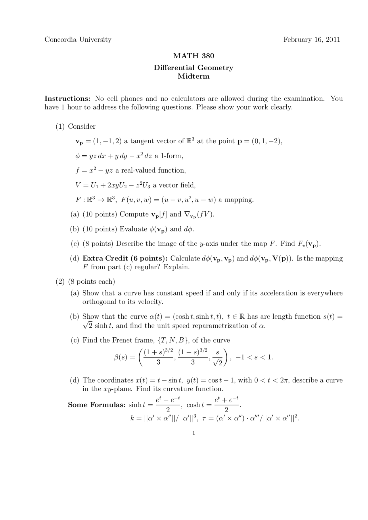 Tangent Vector - Differential Geometry - Exam - Docsity