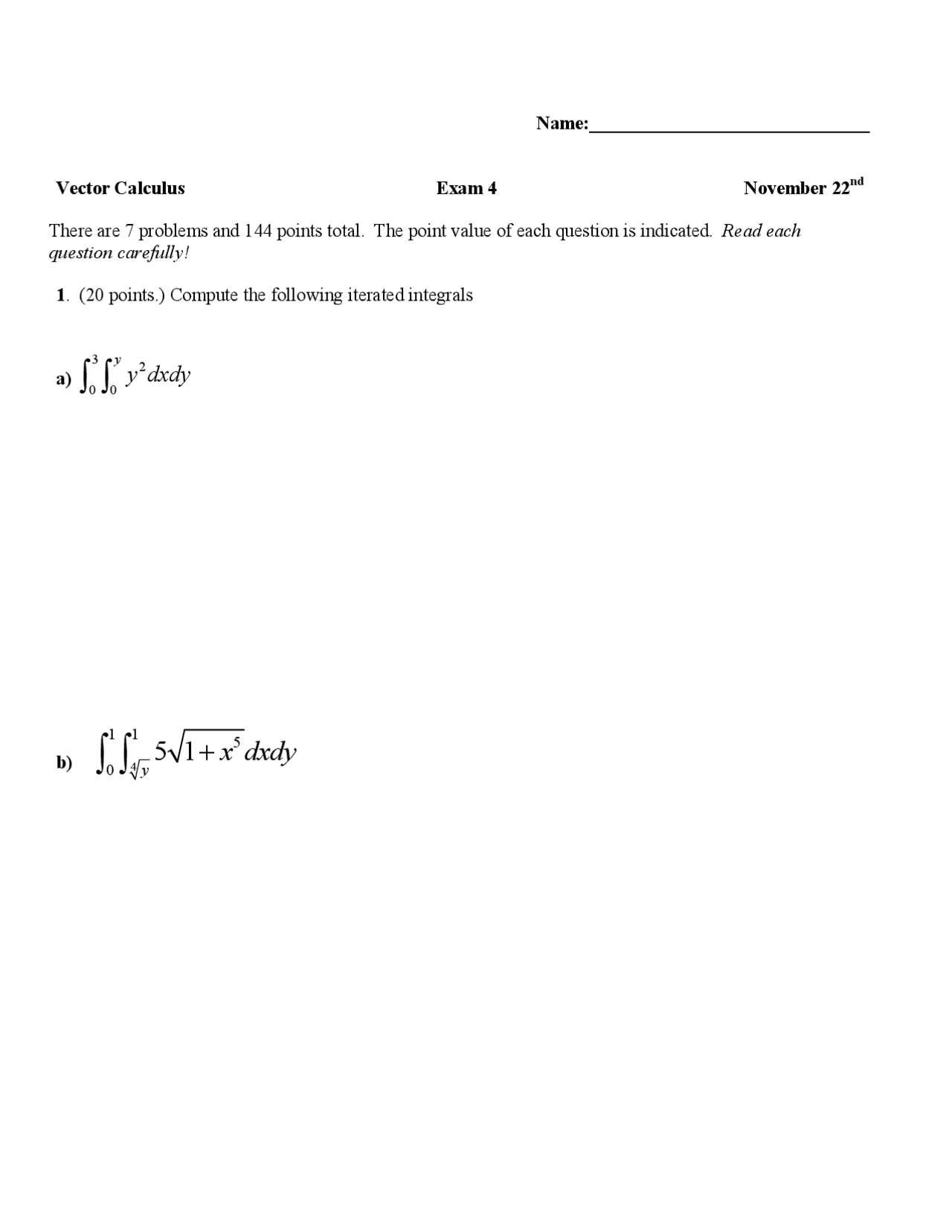 Integrals Vector Calculus Exam Docsity