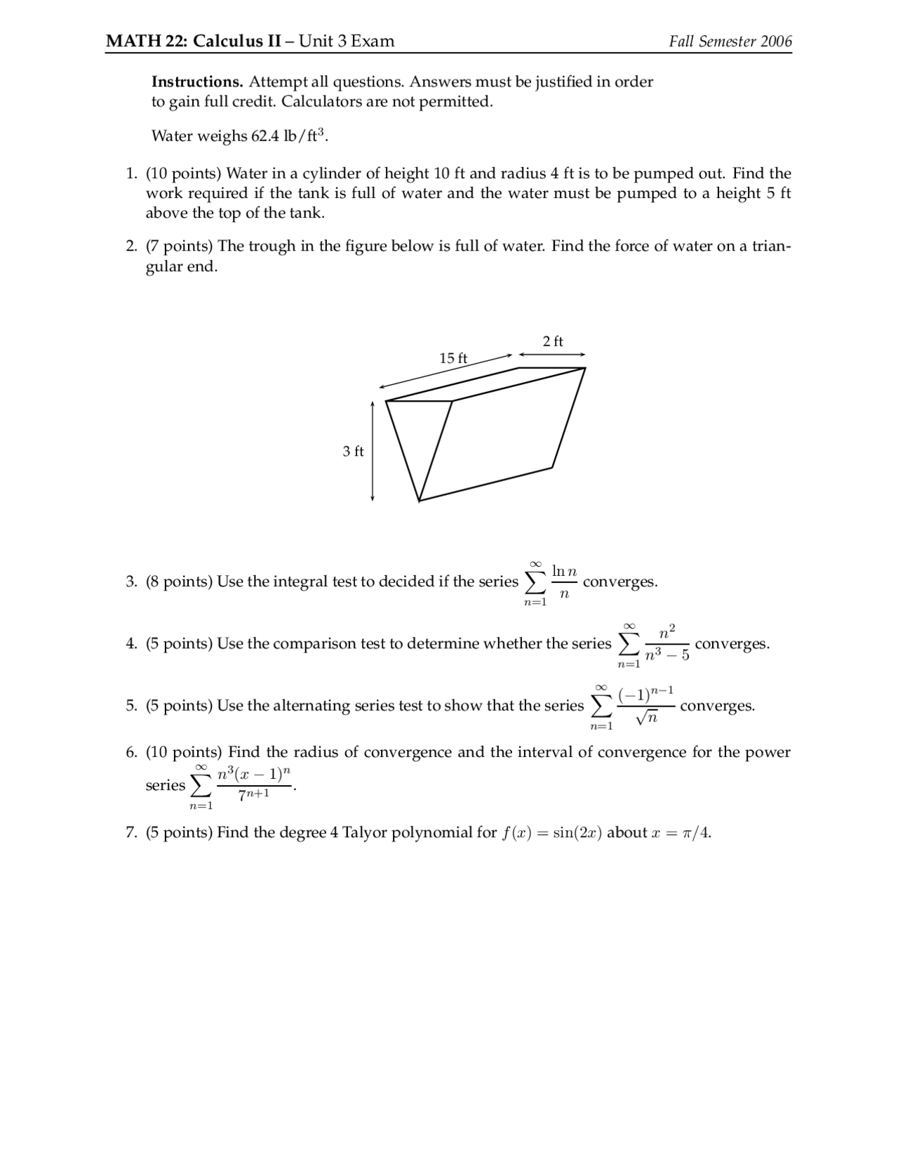 Cylinder of Height - Calculus of a Single Variable Two - Exam - Docsity