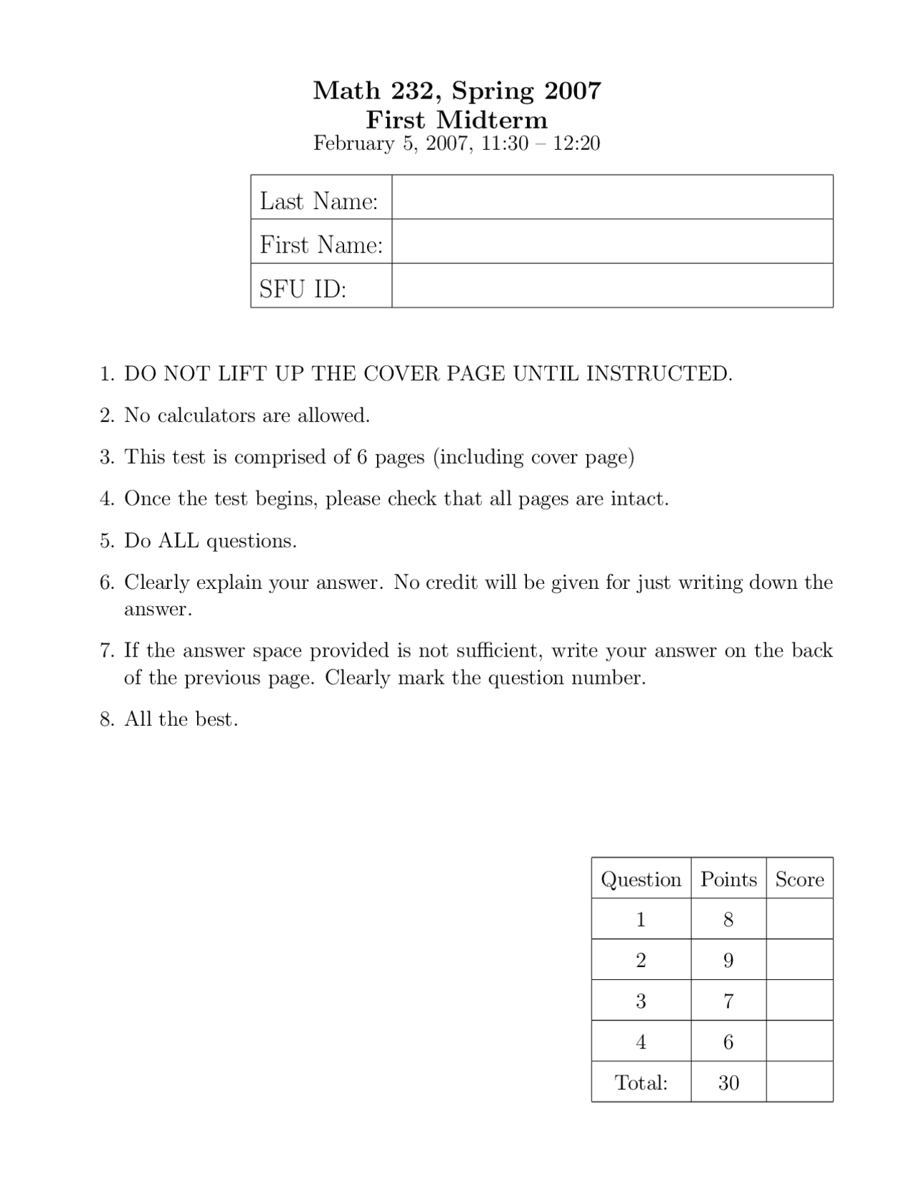 Math 232 Spring 2007 First Midterm Exam Exams Linear Algebra Docsity
