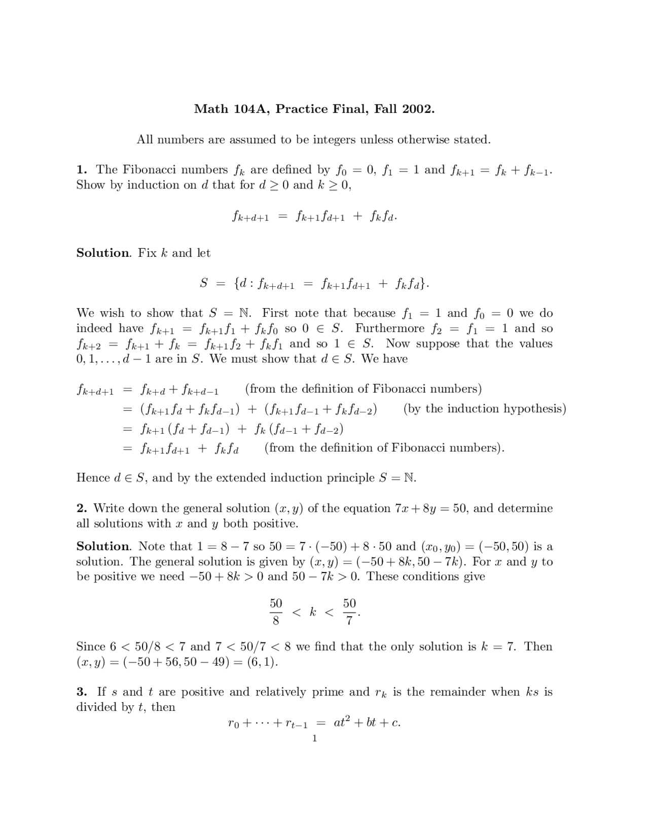 Statements Number Theory Solved Exam Docsity