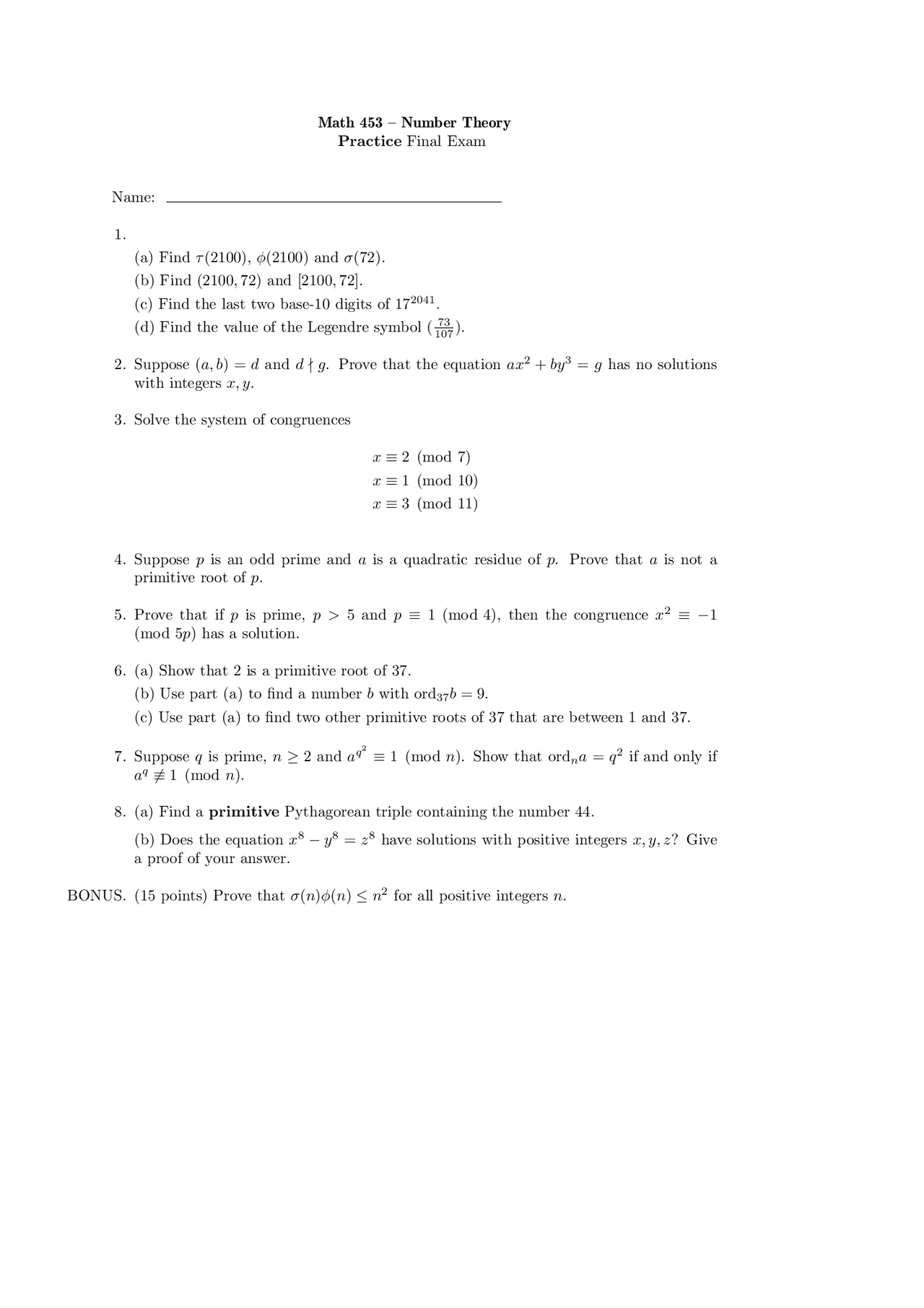 Legendre Symbol Number Theory Exam Docsity