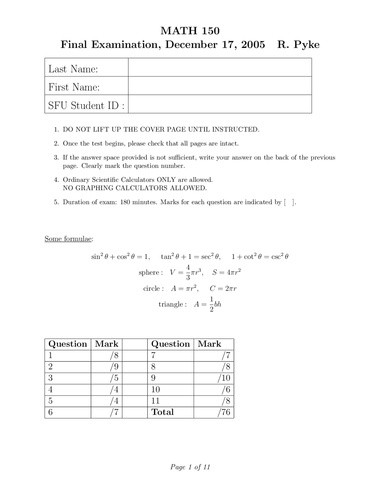 Sphere Calculus Exam Docsity