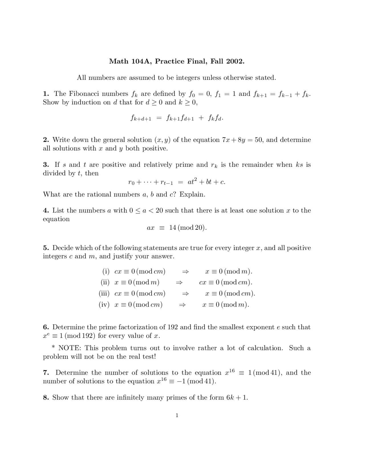 General Solution Number Theory Exam Docsity