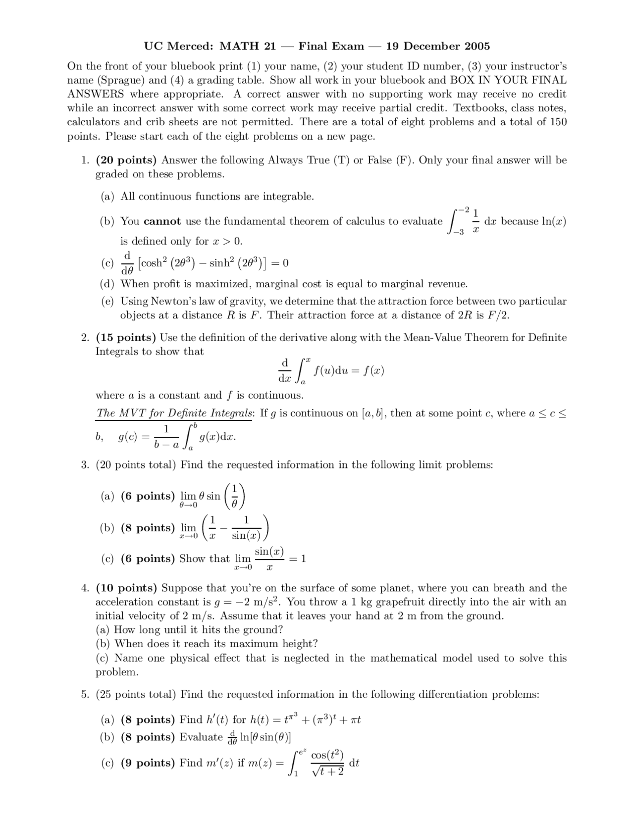 UC Merced: MATH 21 Final Exam - December 19, 2005 | Exams Calculus ...