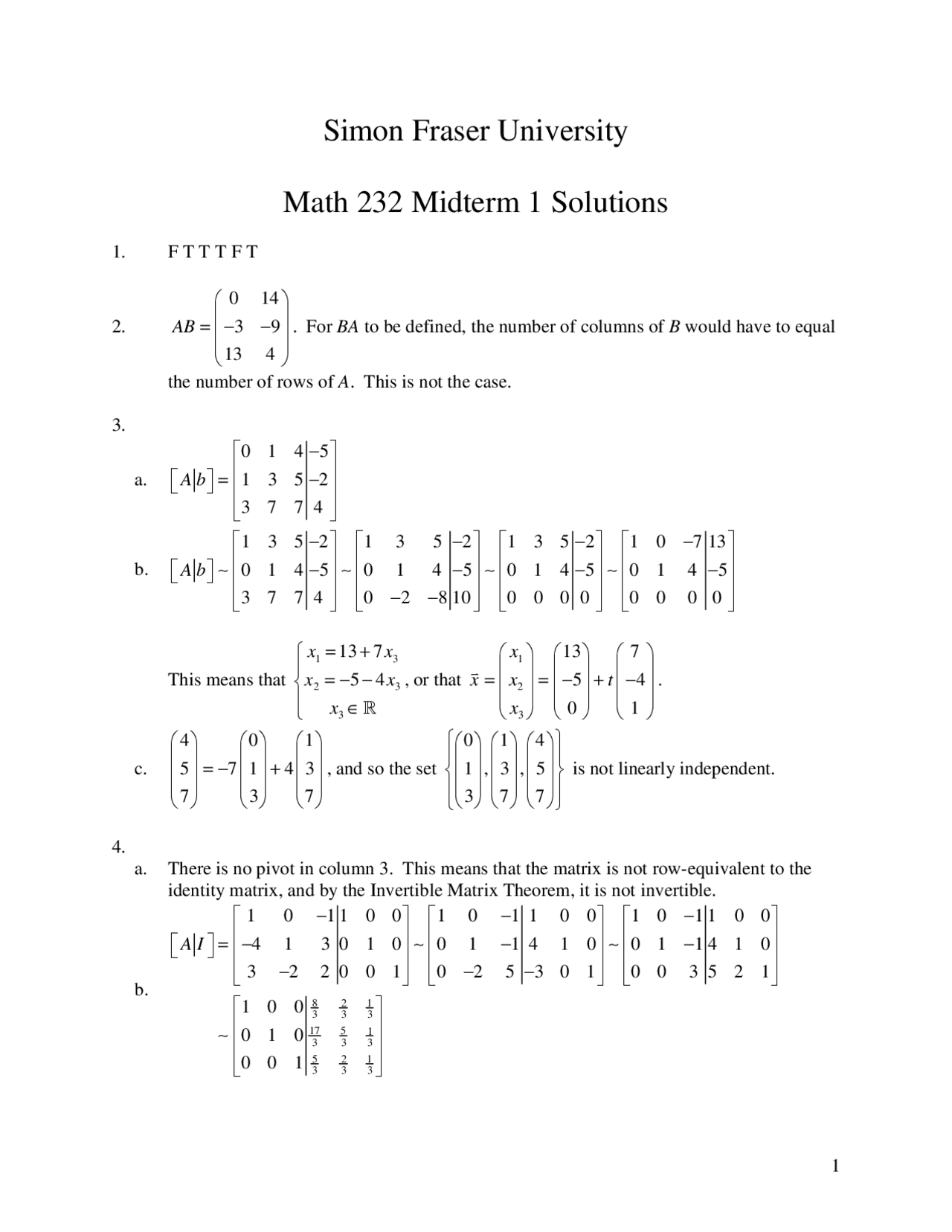 Linear Combination Applied Linear Algebra Exam Key Docsity