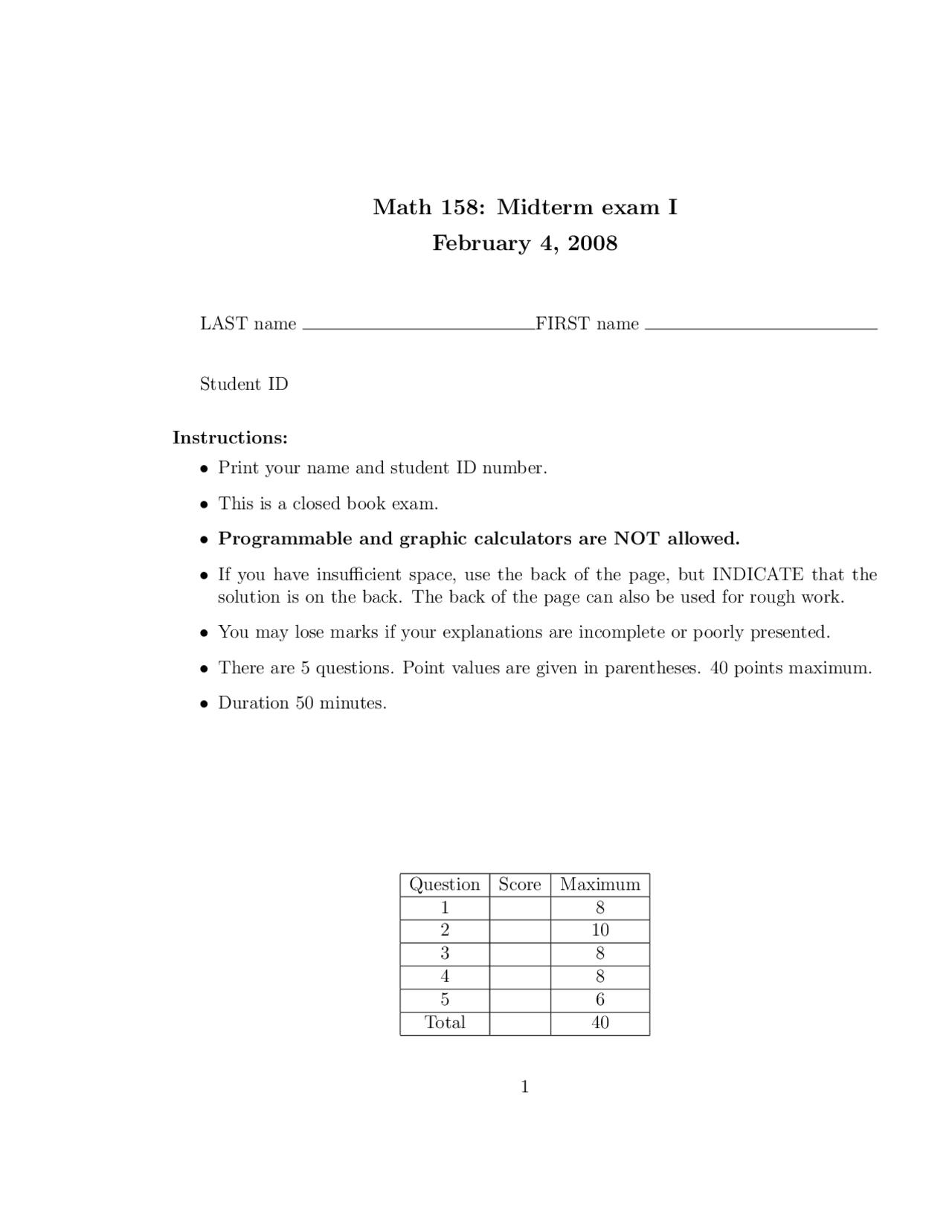 Math 158: Midterm Exam I - February 4, 2008 | Exams Calculus | Docsity
