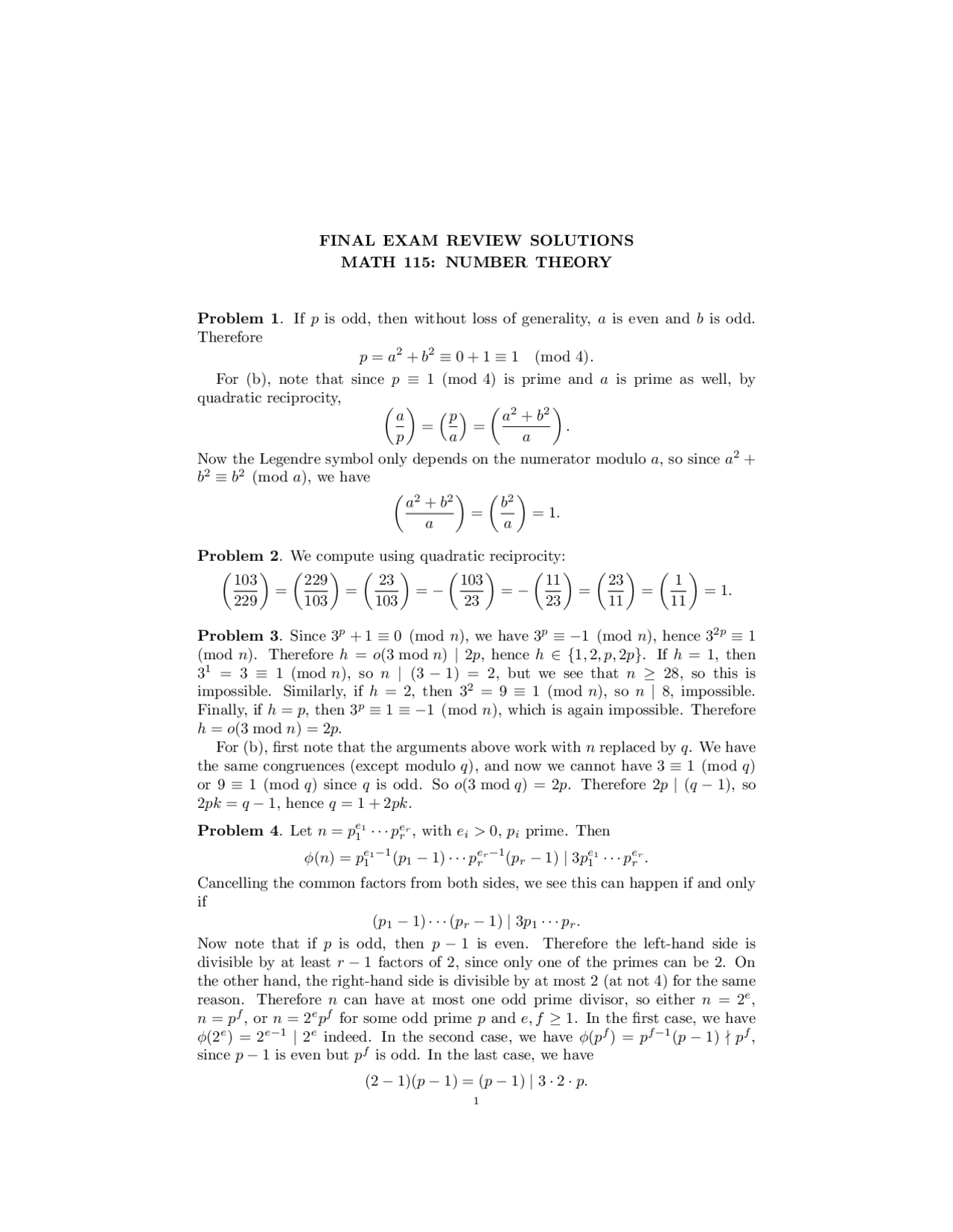 Loss Of Generality Number Theory Solved Exam Docsity