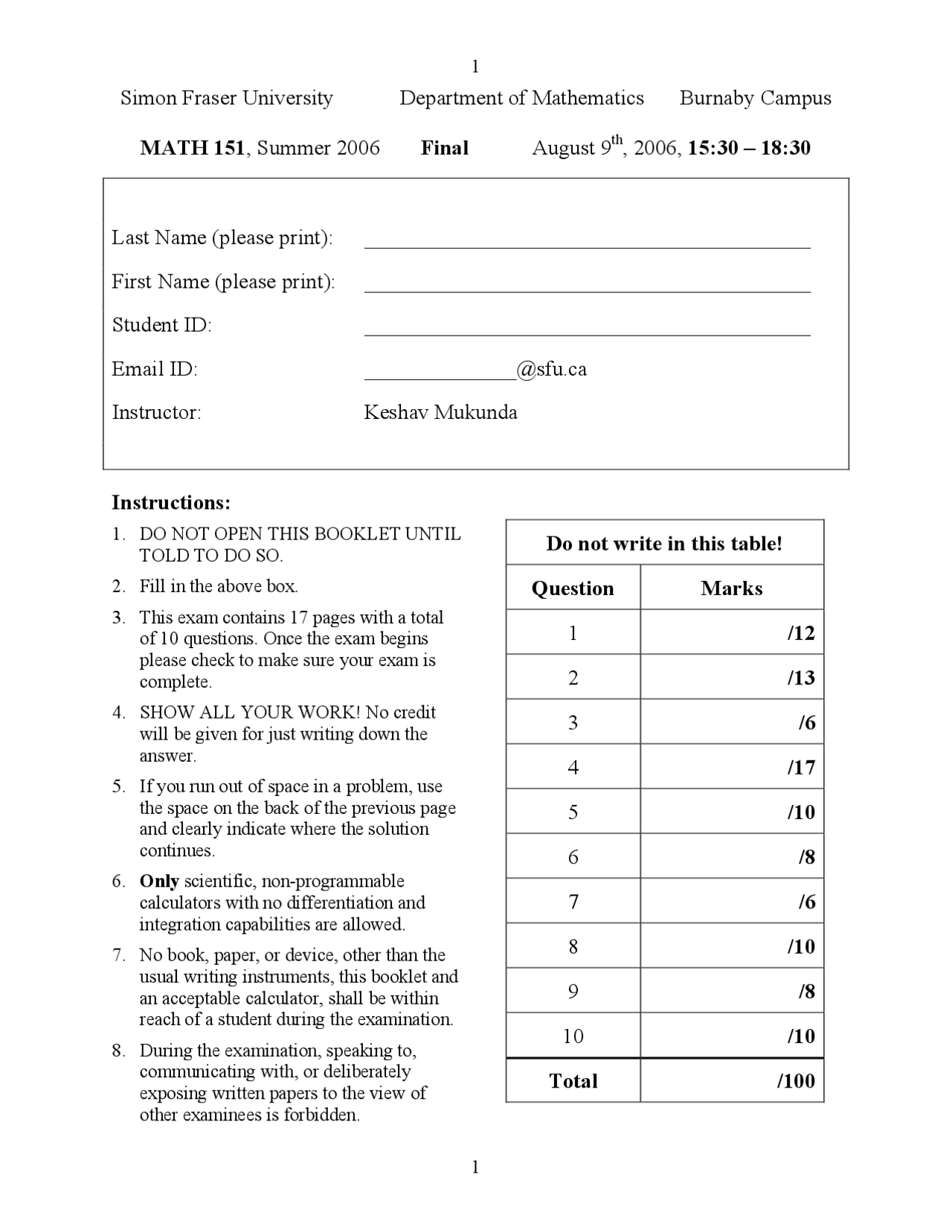 Values Calculus Exam Docsity