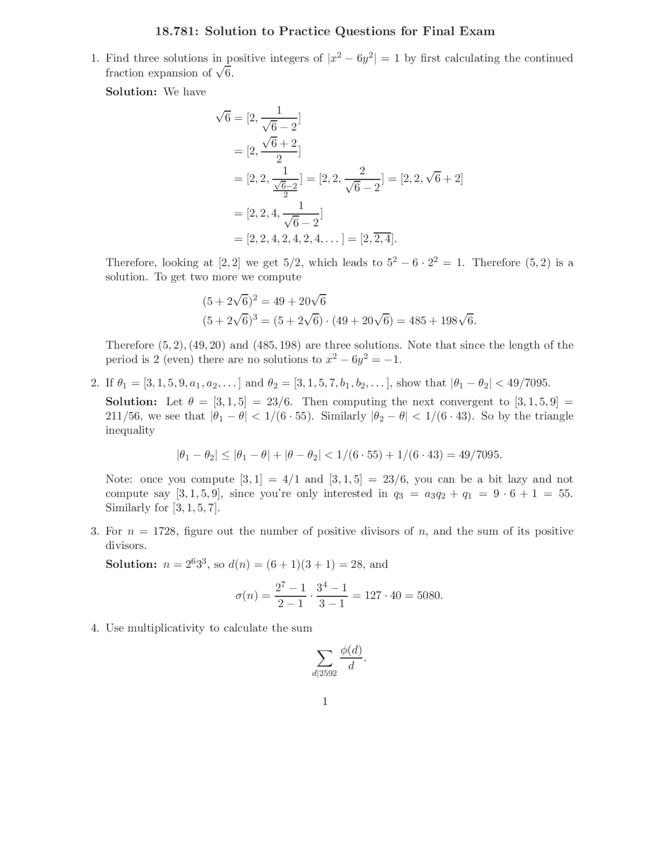 Positive Integers Number Theory Solved Exam Docsity