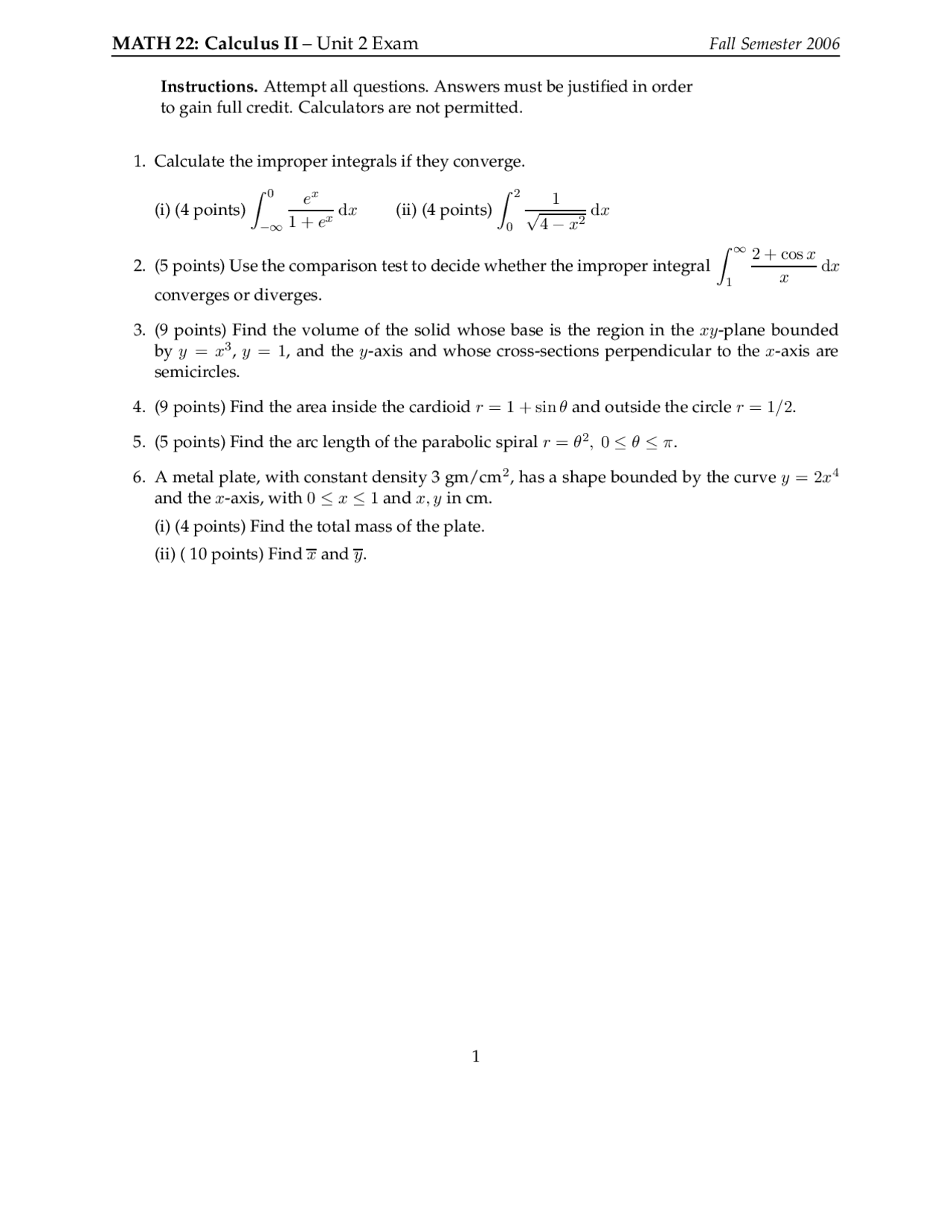 MATH 22 Calculus II - Unit 2 Exam Fall Semester 2006 | Exams Calculus | Docsity