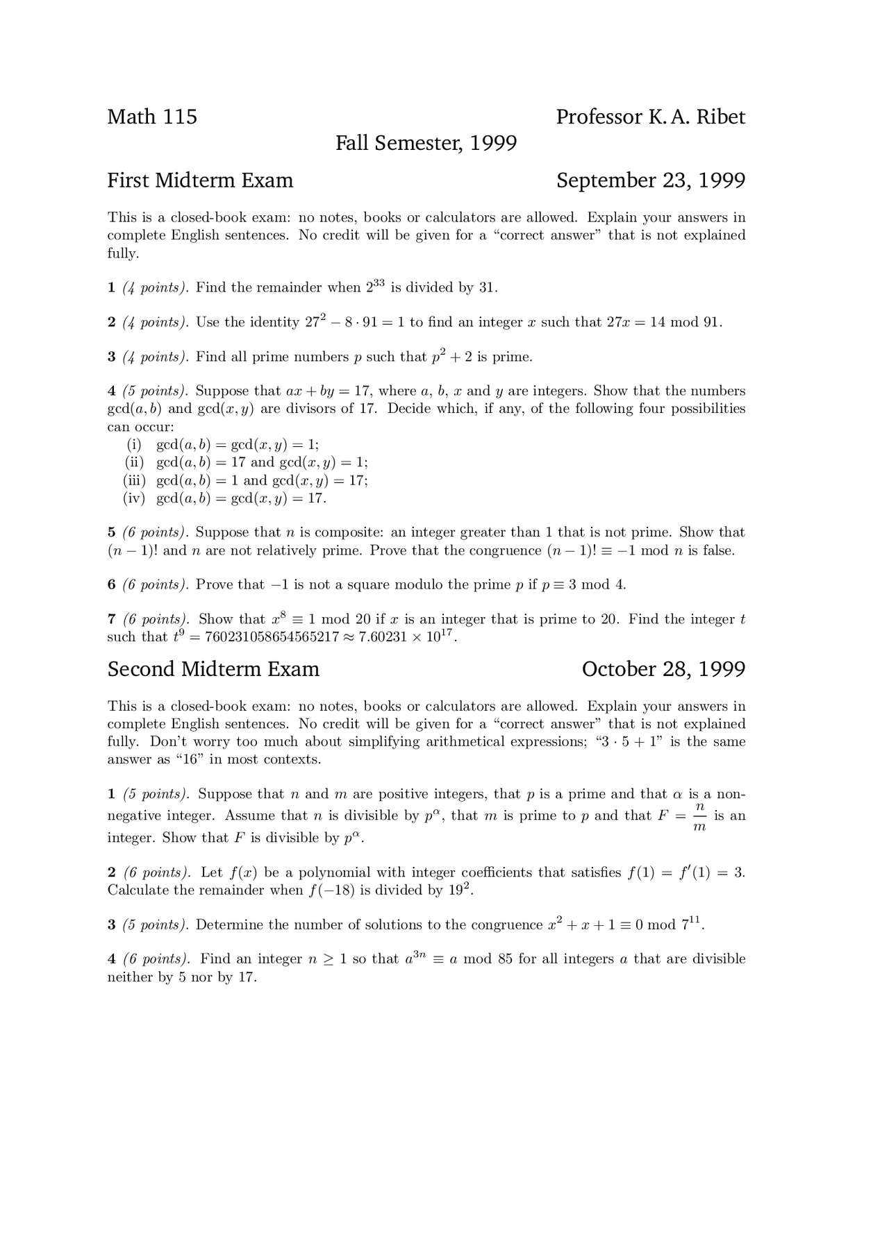 Remainder Number Theory Exam Docsity