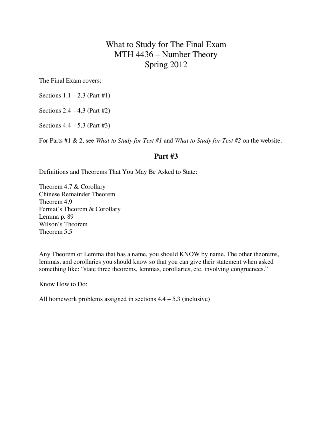 Theorems Number Theory Exam Docsity