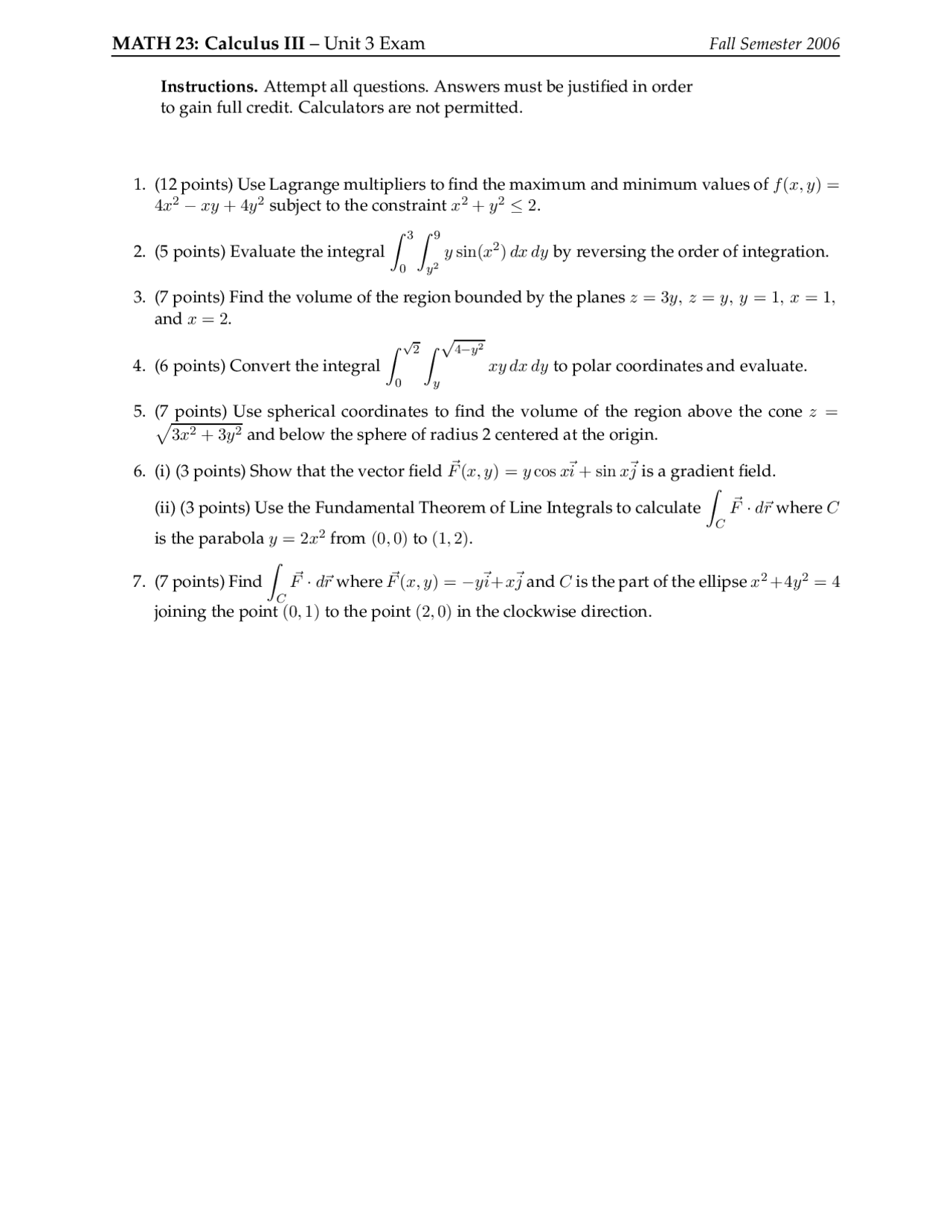 Region Bounded Vector Calculus Exam Docsity