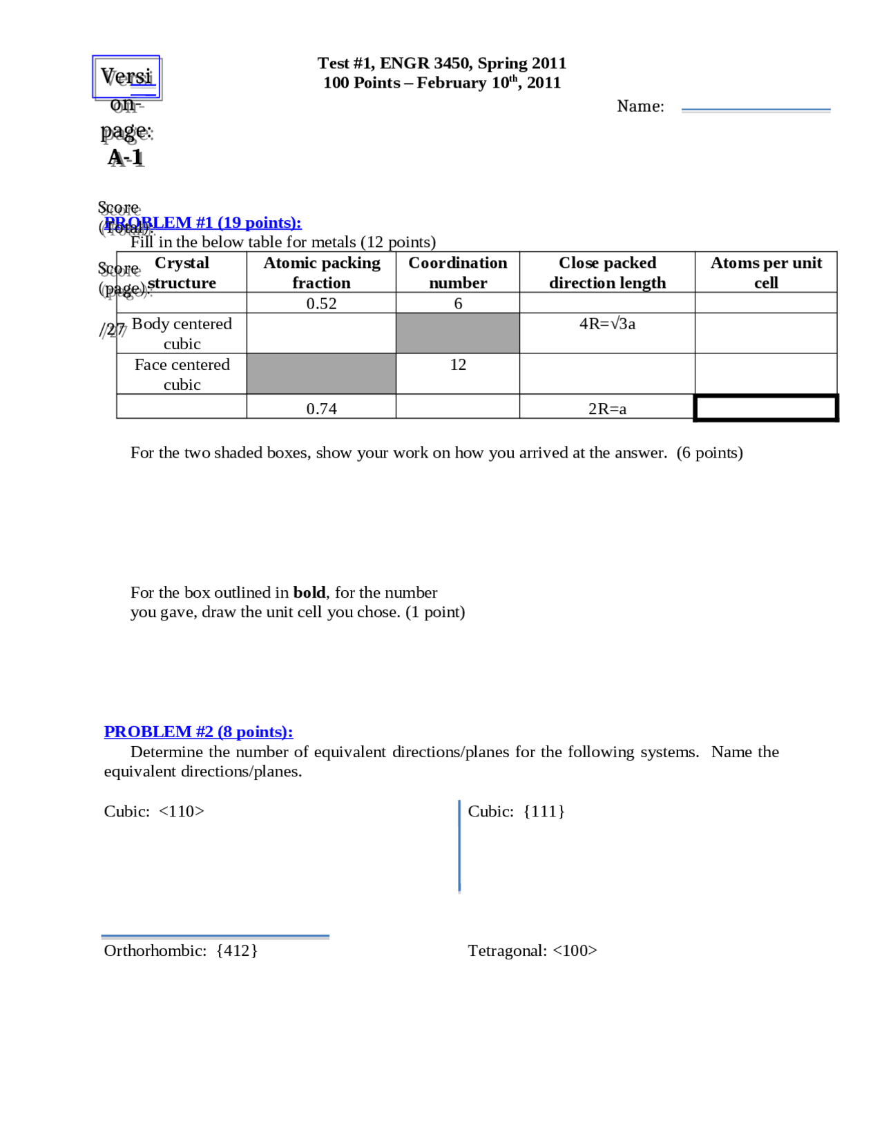 10 Problems On Engineering Materials Exam Engr 3450 Docsity