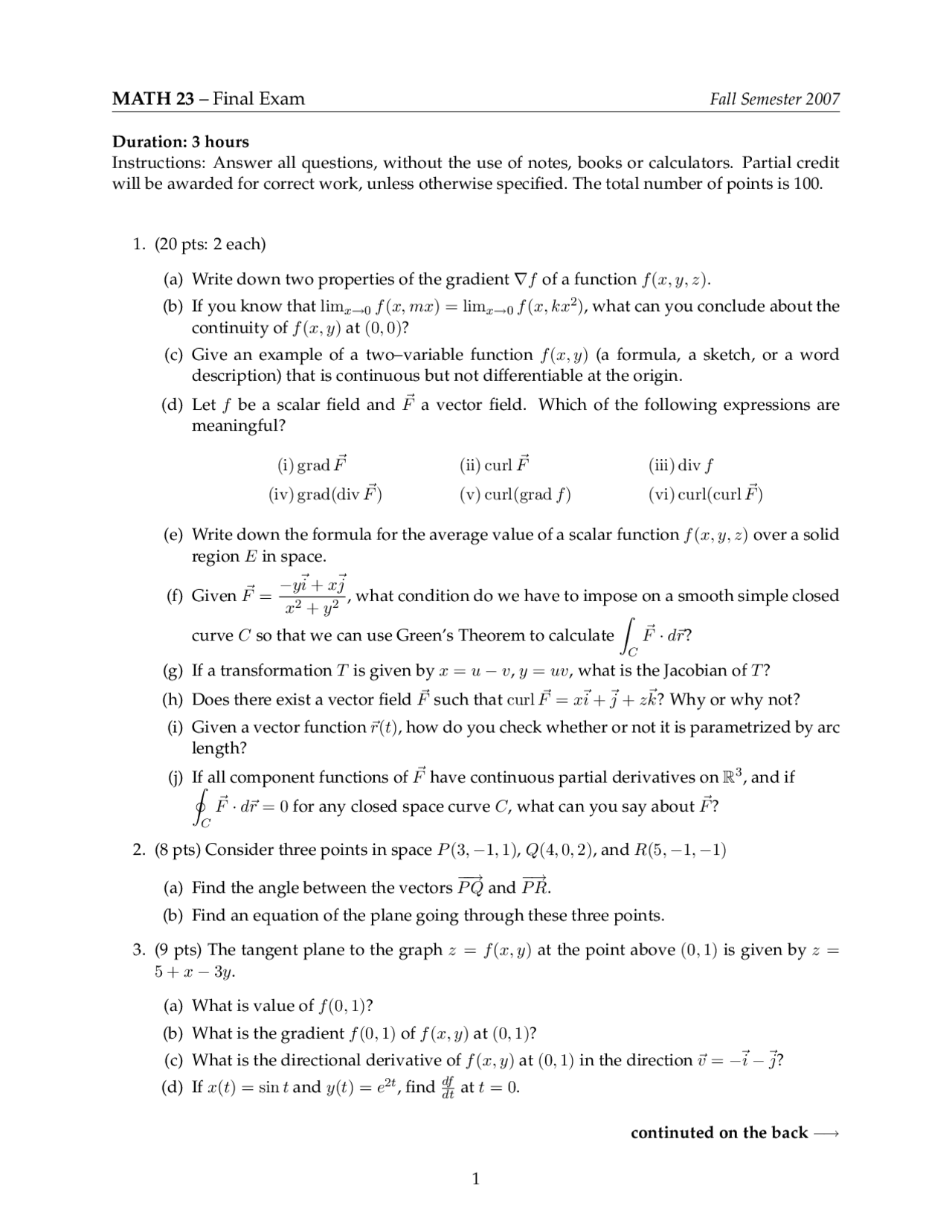 MATH 23 Final Exam Fall Semester 2007 | Exams Calculus | Docsity