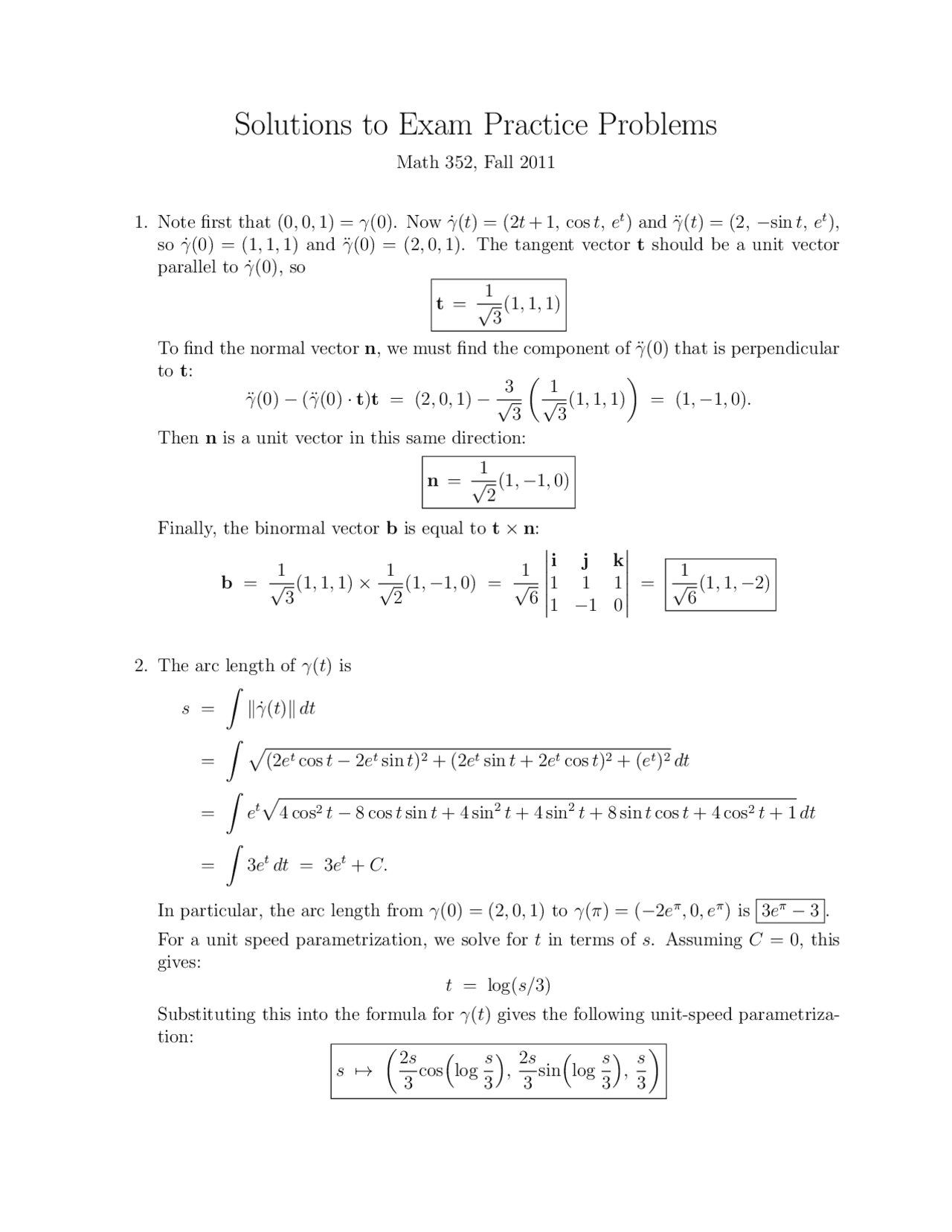 Frenet Vectors Differential Geometry Solved Exam Docsity
