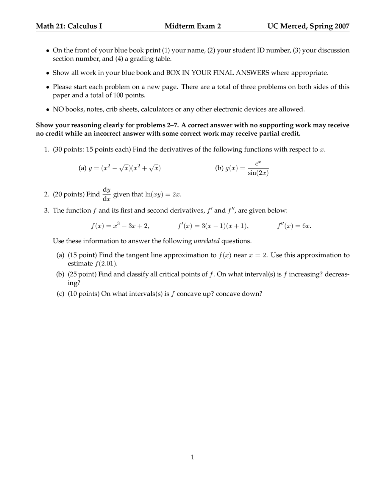 Derivatives Calculus Of A Single Variable One Exam Docsity
