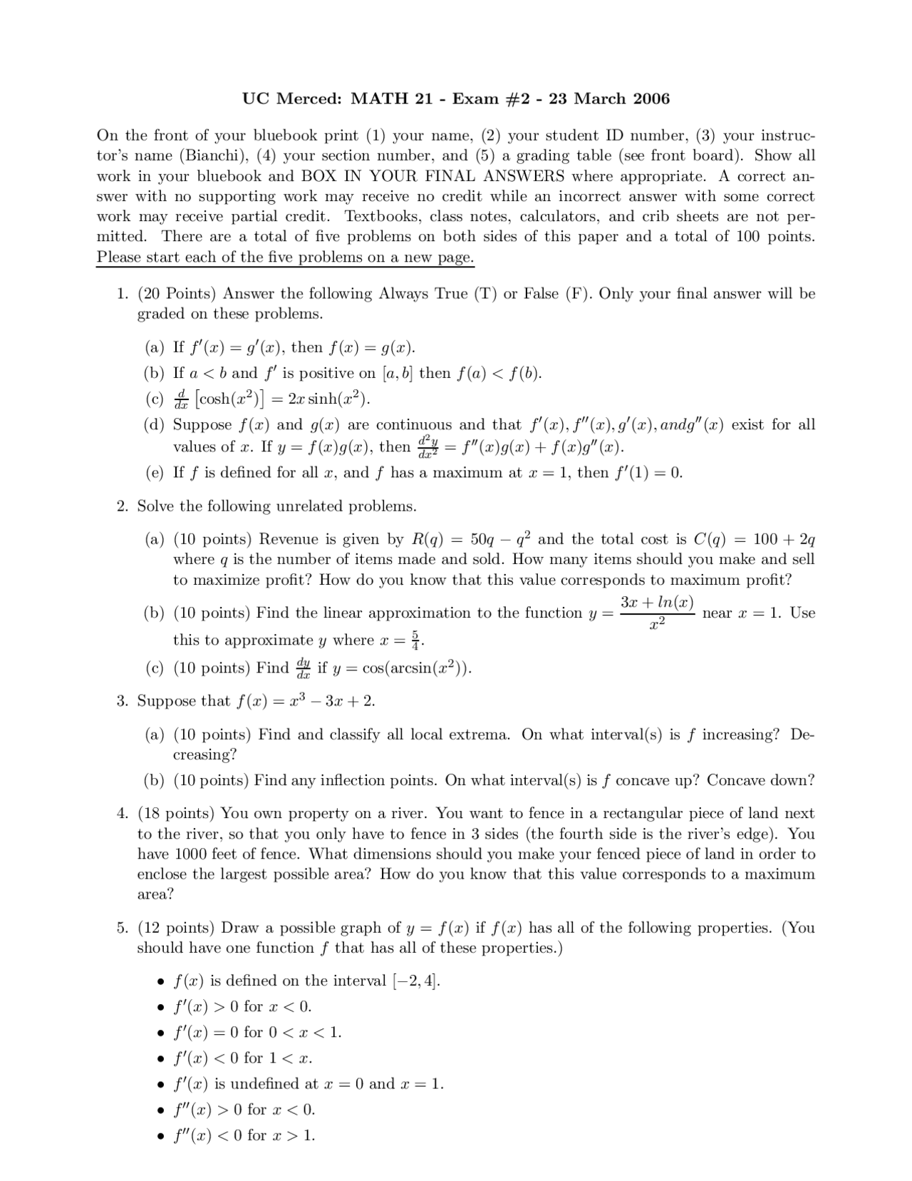 Positive - Calculus of a Single Variable One - Exam | Exams Calculus | Docsity