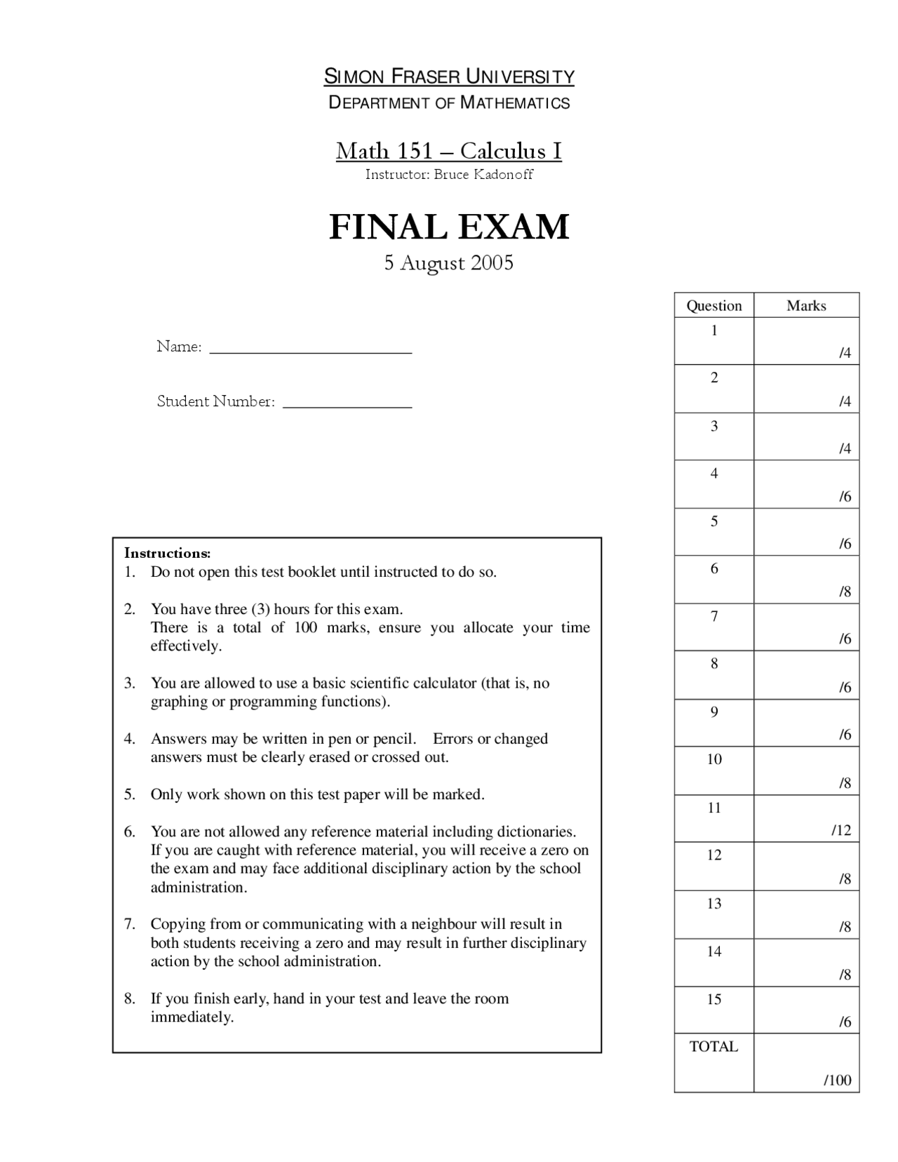 Constants - Calculus - Exam - Docsity