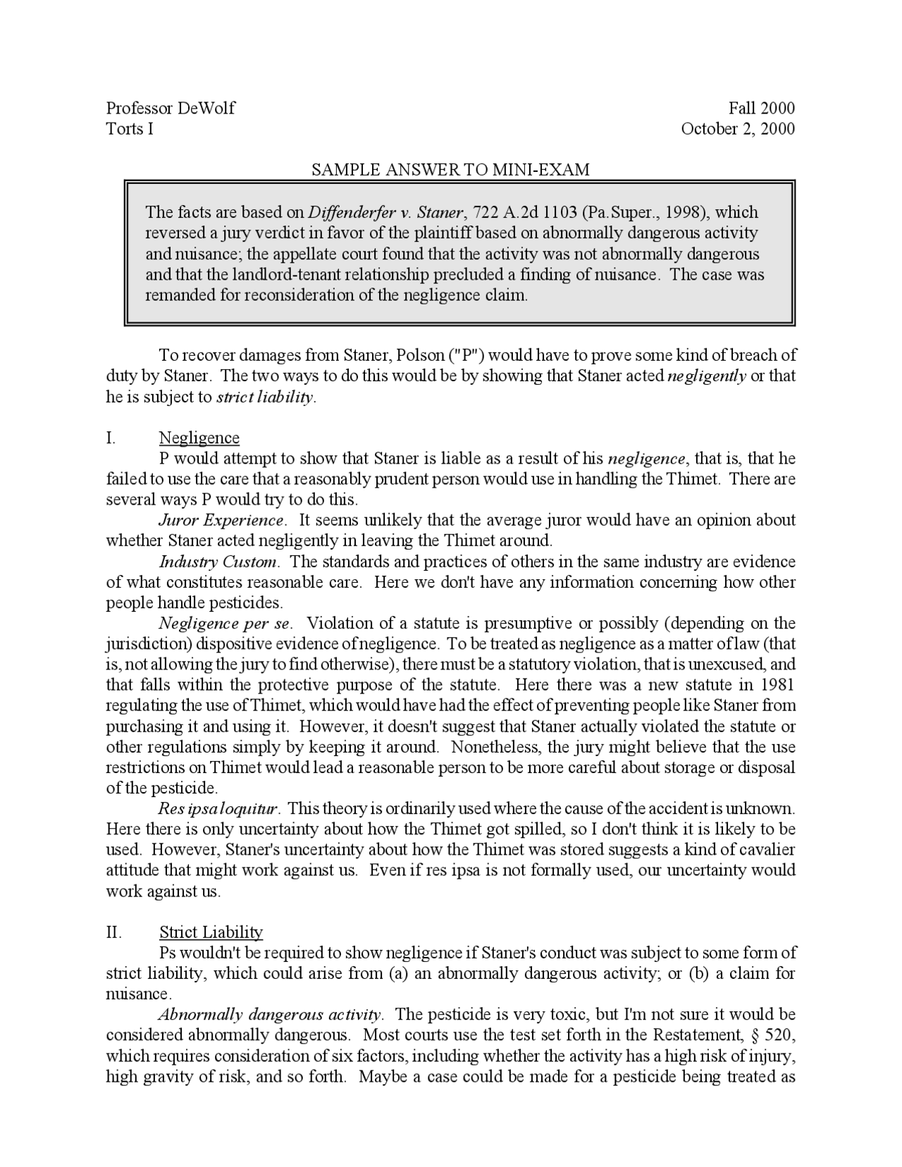 Liable for Damages - Torts Law - Solved Exam - Docsity