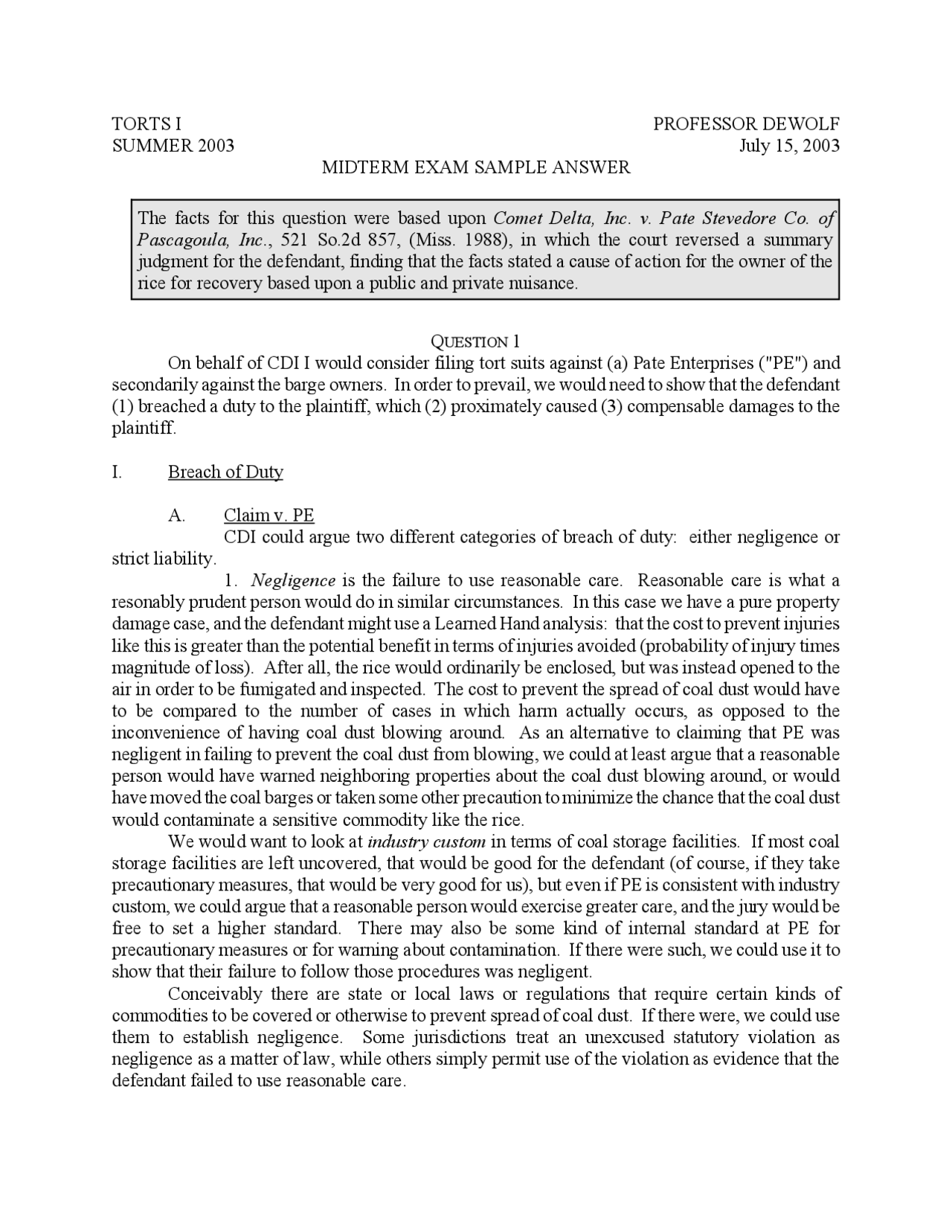Advice On Tort Remedies Torts Law Solved Exam Docsity