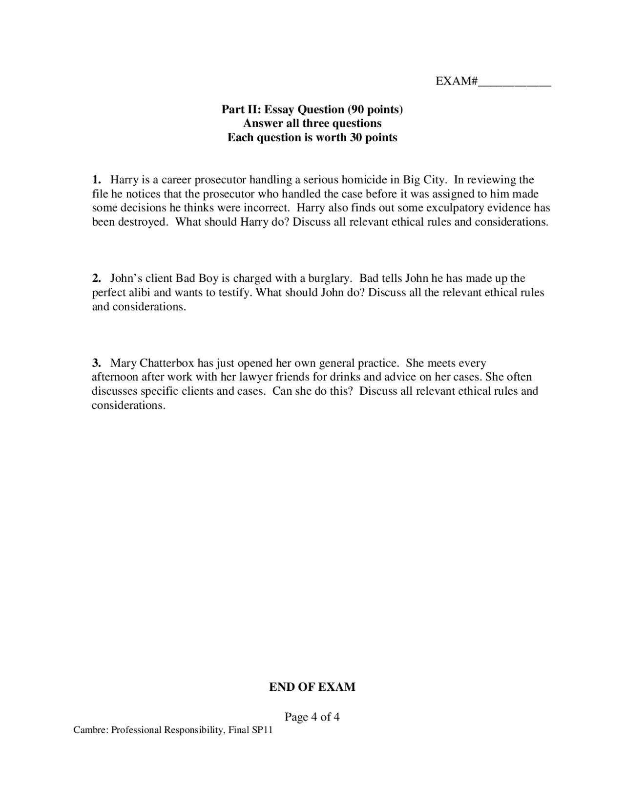 Serious Homicide Professional Responsibility Exam Docsity
