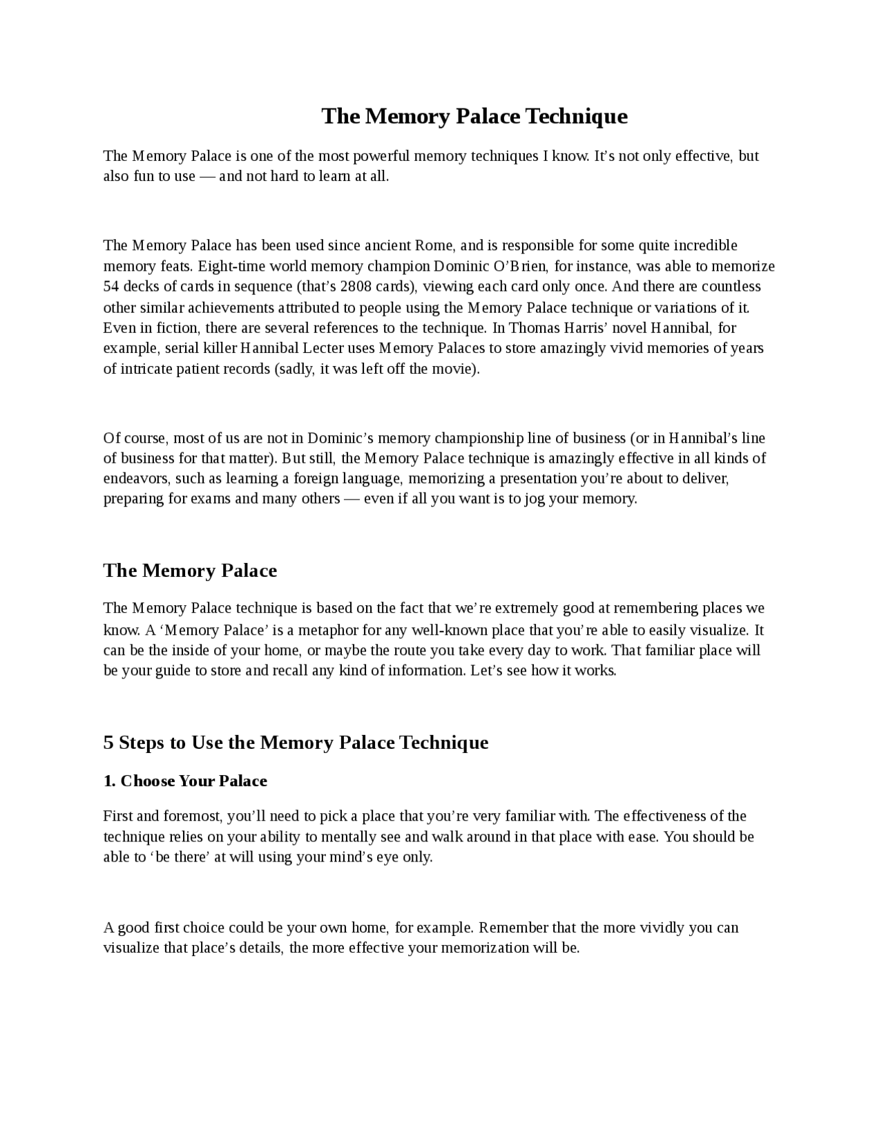 Brain memory palace techneque | Lecture notes Psychology | Docsity