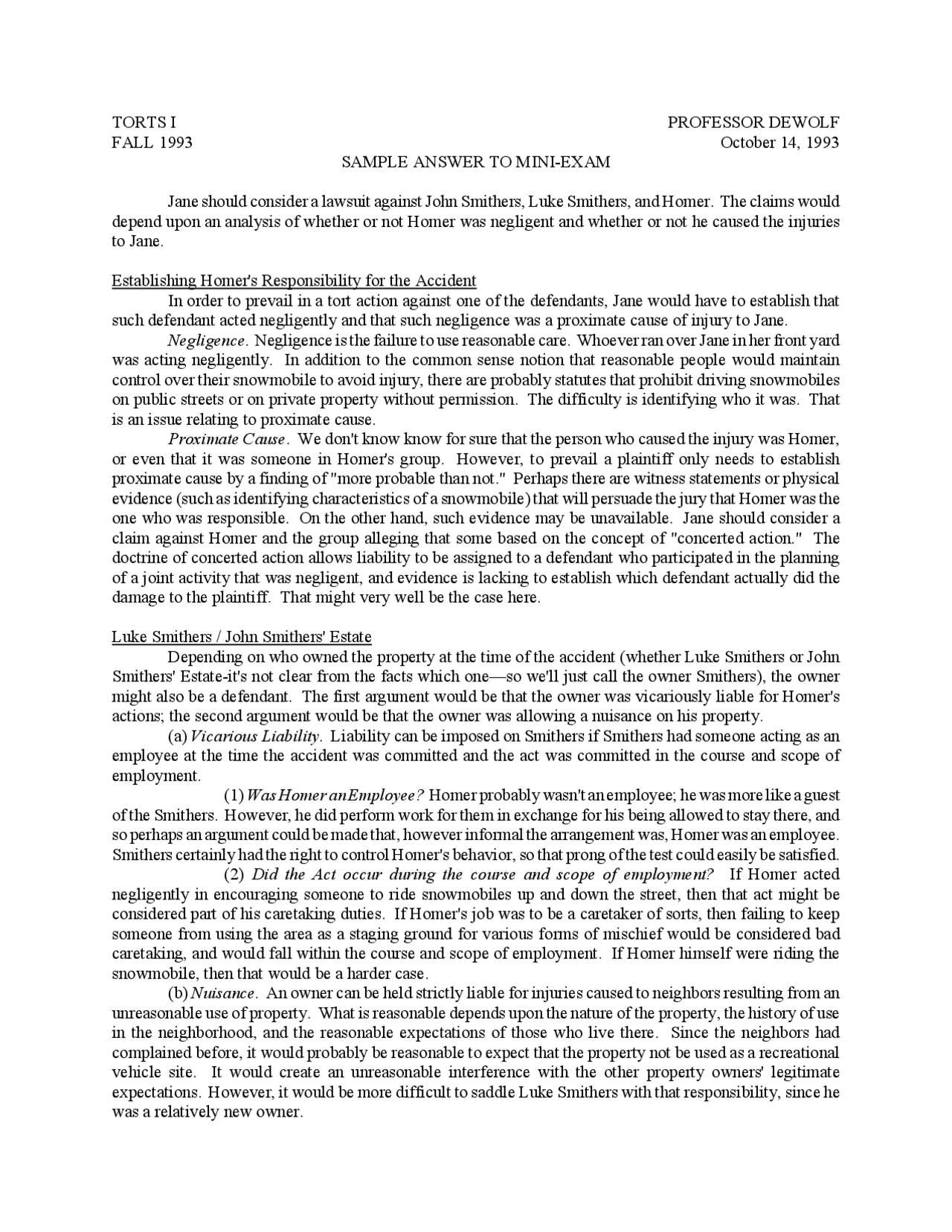 Responsibility For Accident Torts Law Solved Exam Docsity