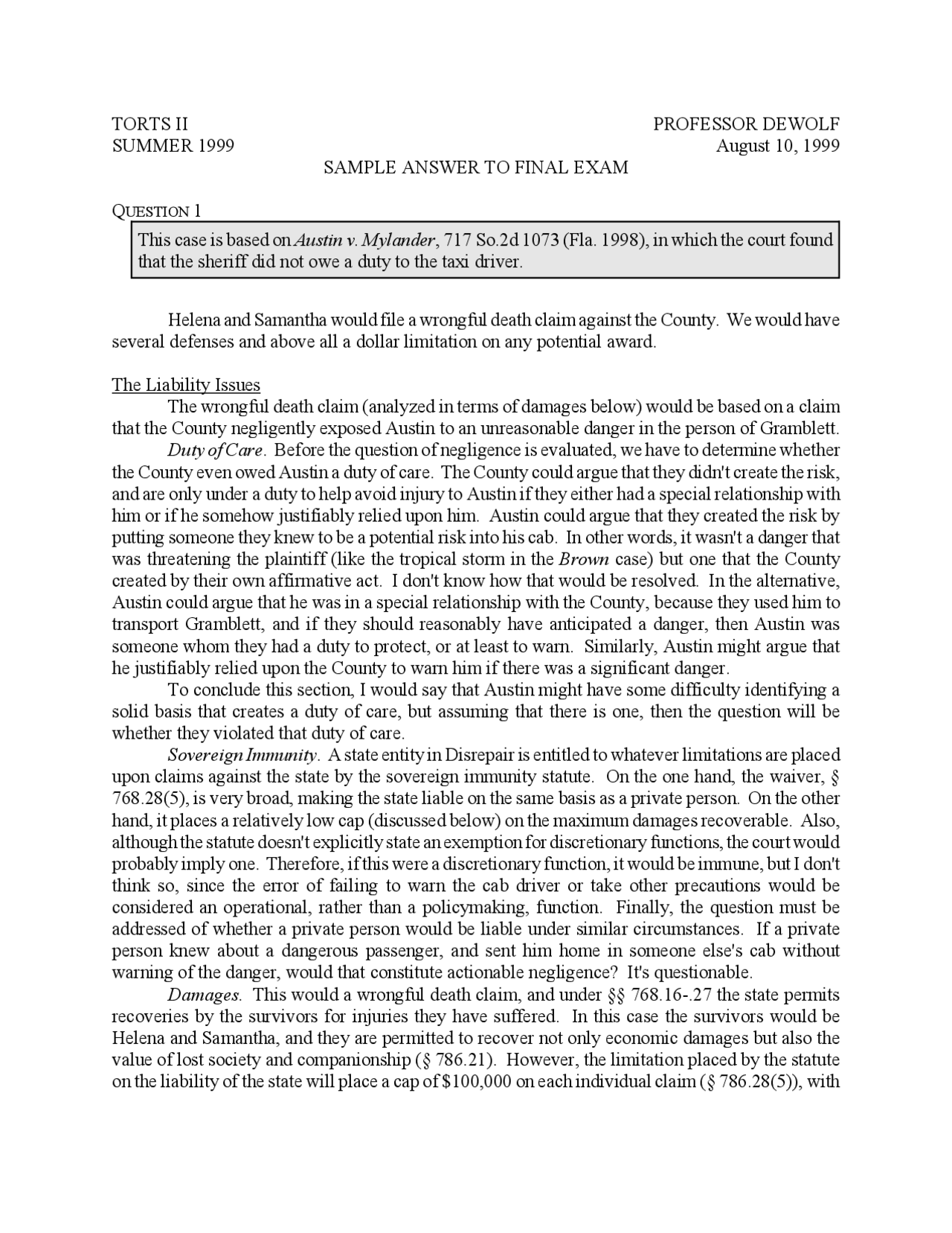 Disorderly Intoxication Torts Law Solved Exam Docsity