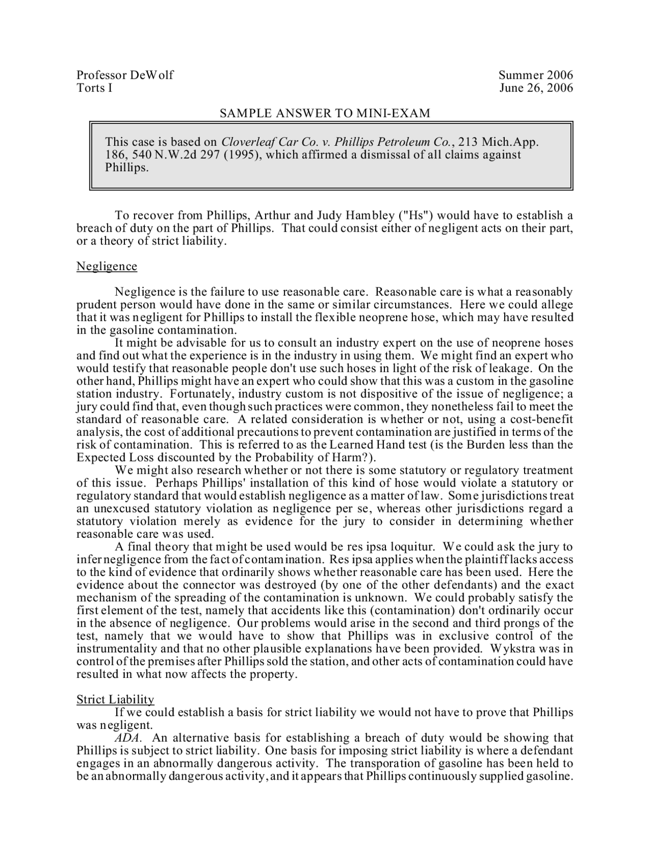 Theory Of Strict Liability Torts Law Solved Exam Docsity