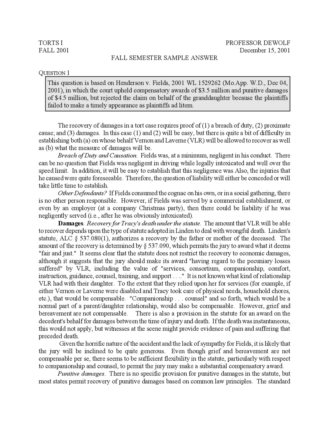 Action For Wrongful Death Torts Law Solved Exam Docsity