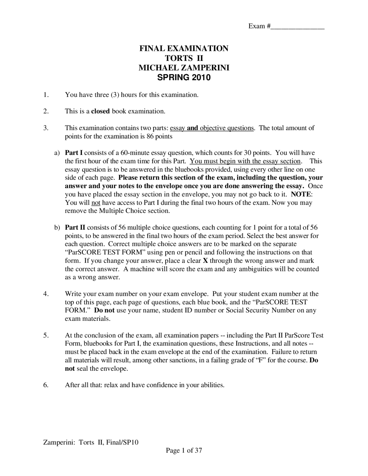 Conclusion Of Evidence Torts Law Exam Docsity