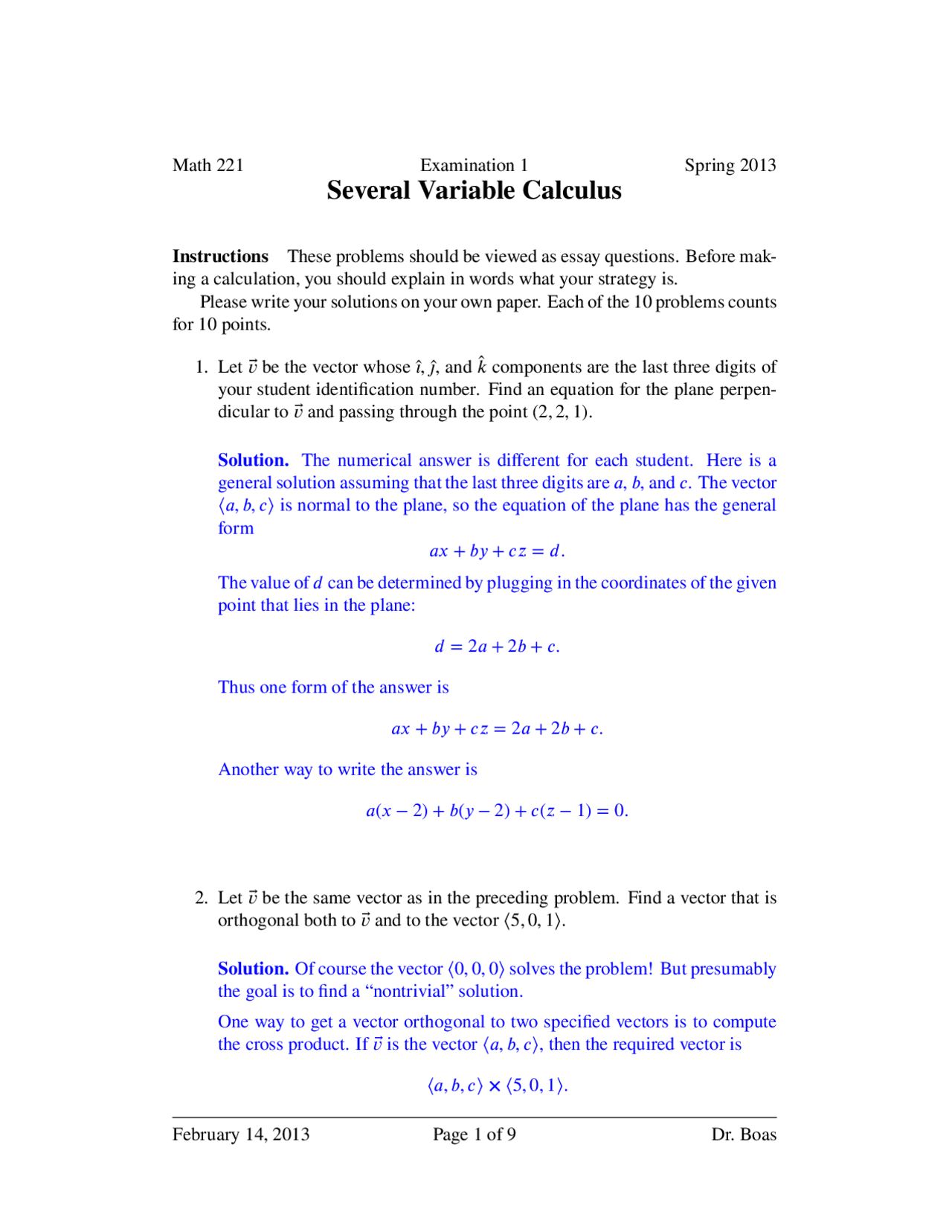 Exam 1 With Solution Several Variable Calculus Math 221 Docsity