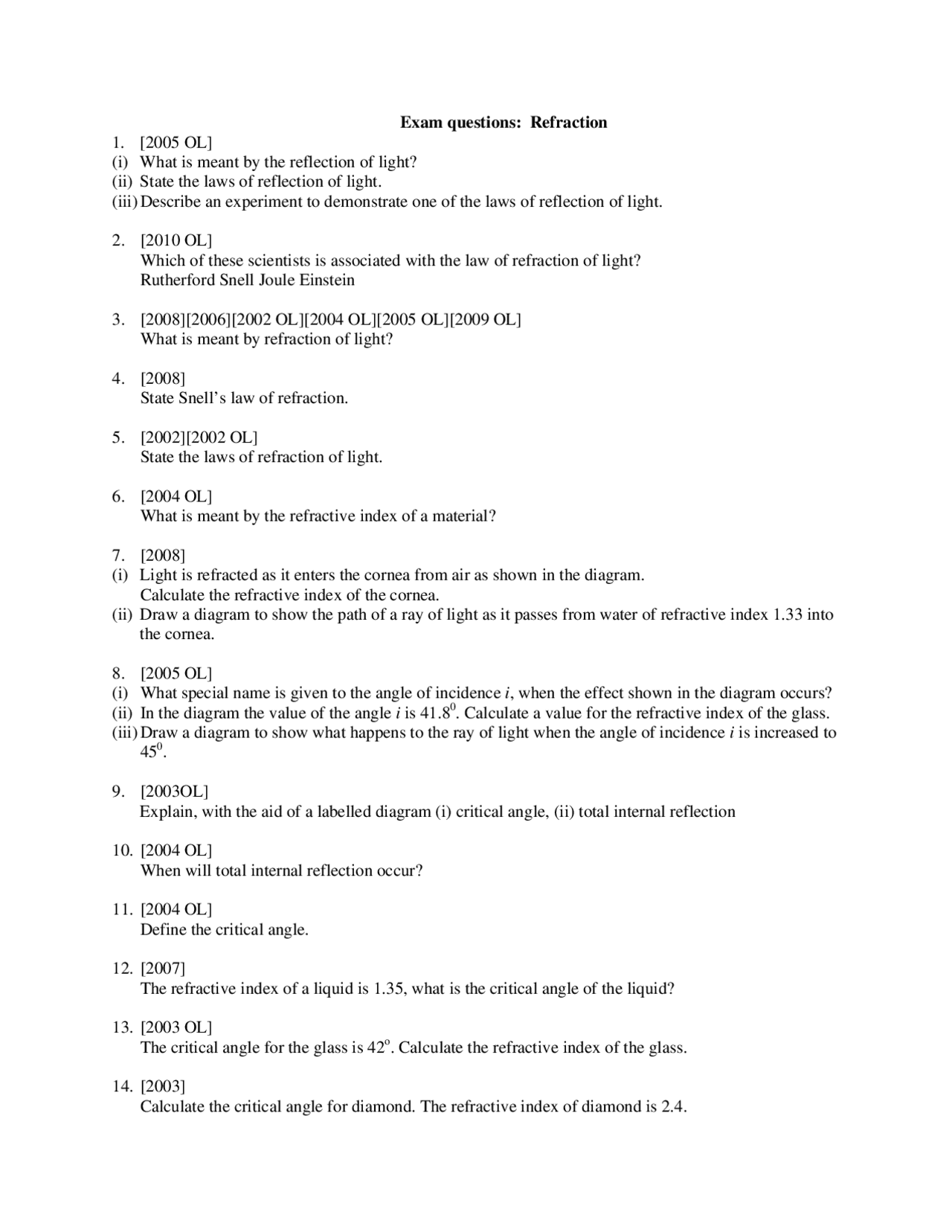 Refraction General Physics Solved Exam Docsity
