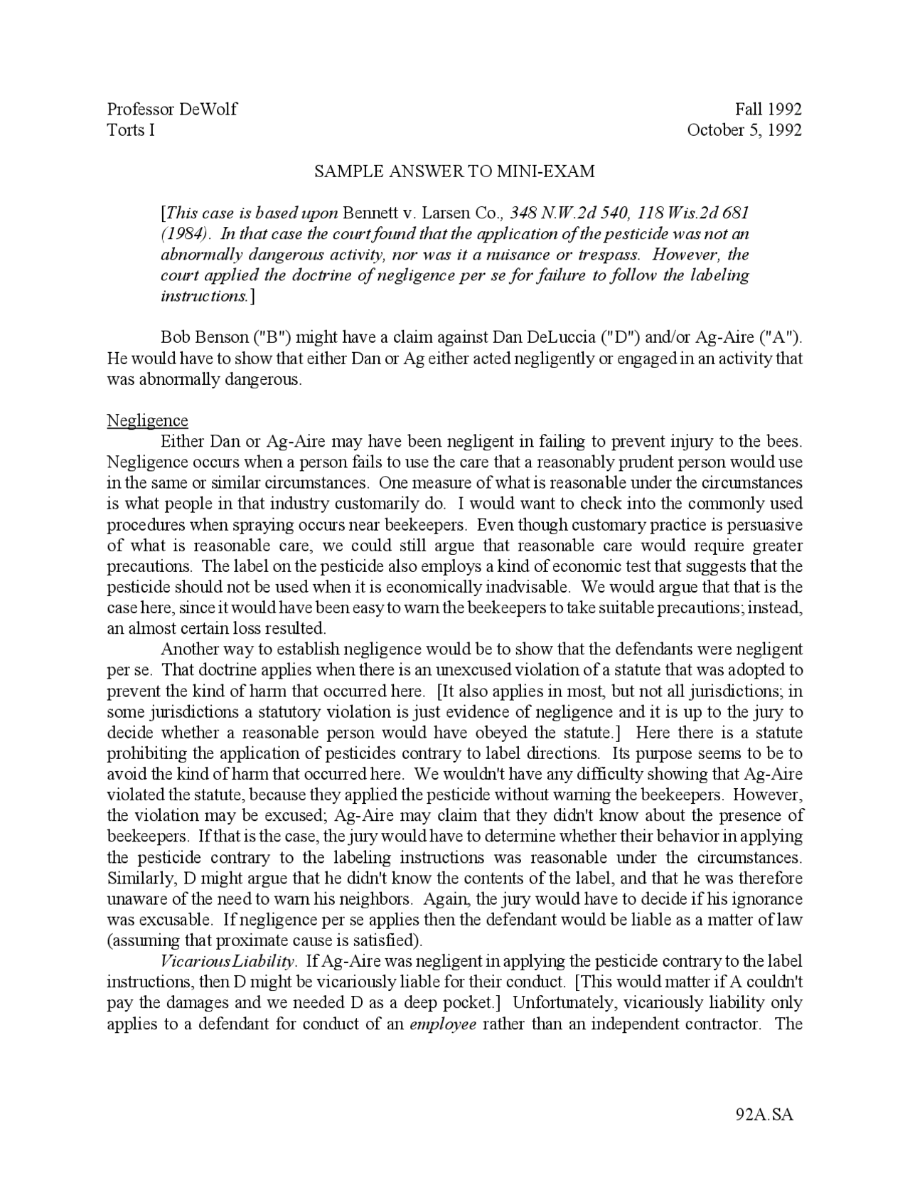 Administrative Code Of State Torts Law Solved Exam Docsity