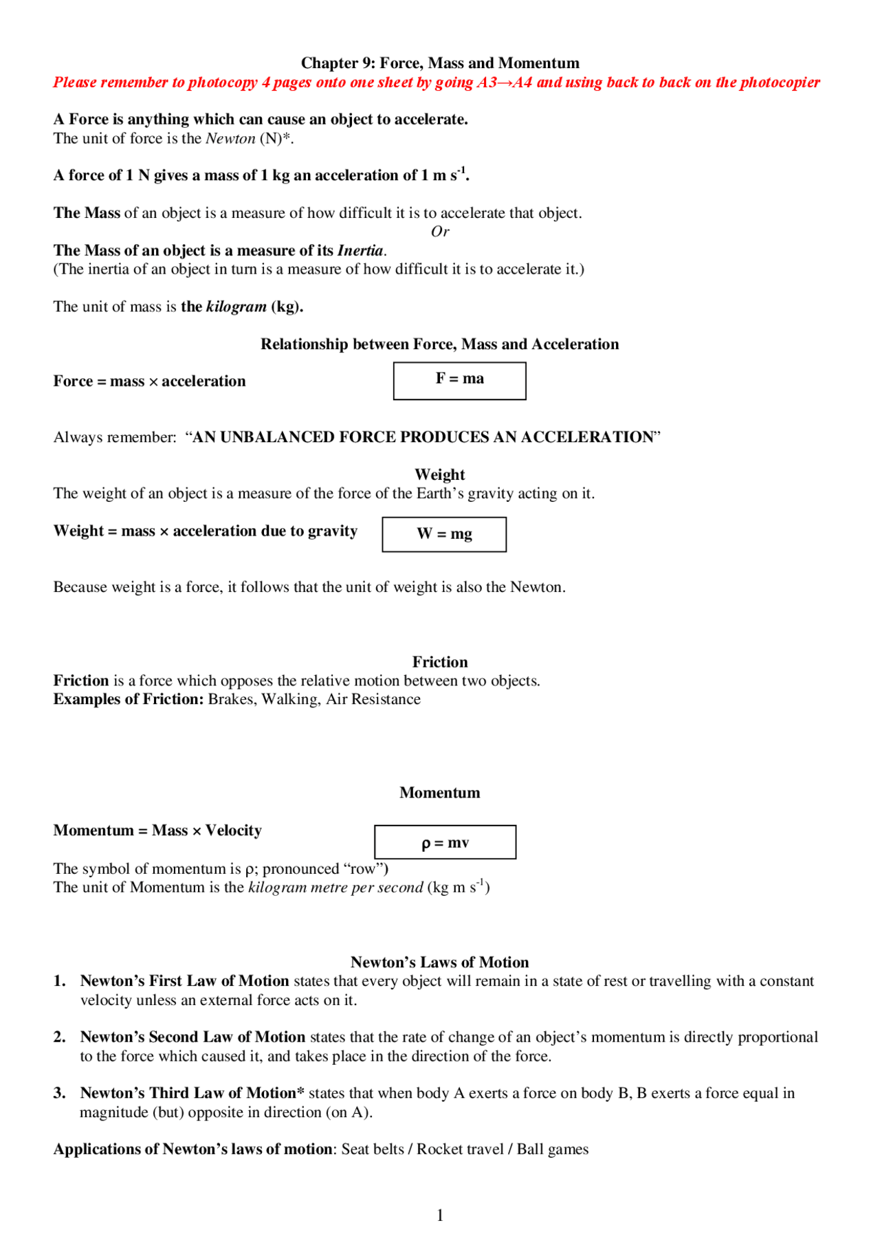 Force Mass And Momentum General Physics Lecture Notes Docsity