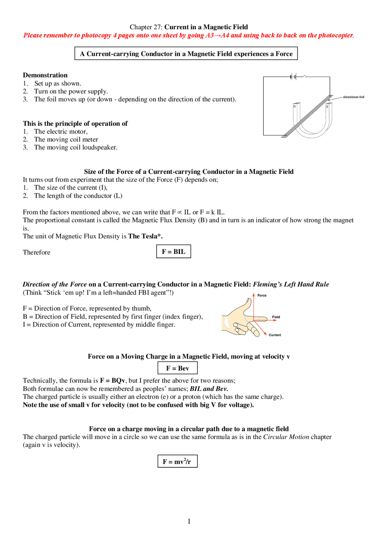 Current In Magnetic Field General Physics Lecture Notes Docsity