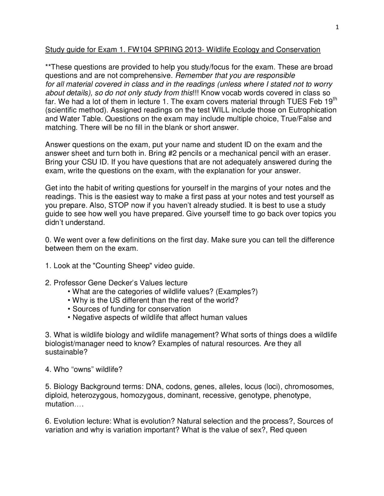 Study Guide on Wildlife Ecology and Conservation | FW 104 - Docsity
