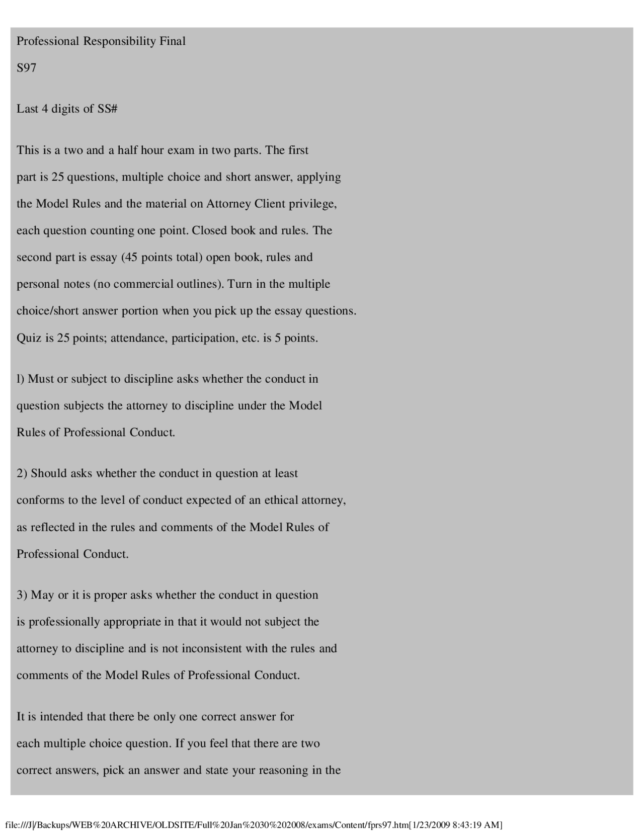 Level Of Conduct Professional Responsibility Exam Docsity