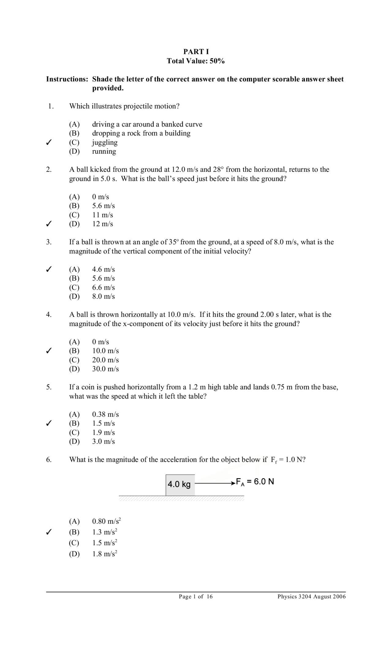 Projectile Motion Physics Solved Exam Paper Docsity